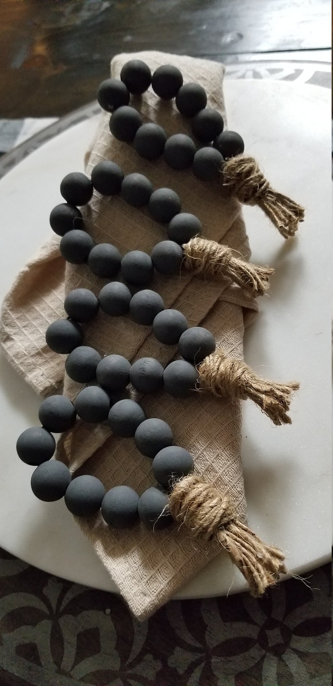 Wood Bead Stretchable Napkin Ring With Jute Fringe, Bead Rings ...