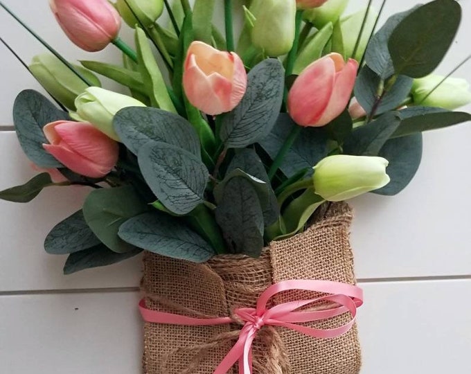 Pink and Green Tulip Bouquet Wreath, Tulip Front Door Wreath, Burlap ...