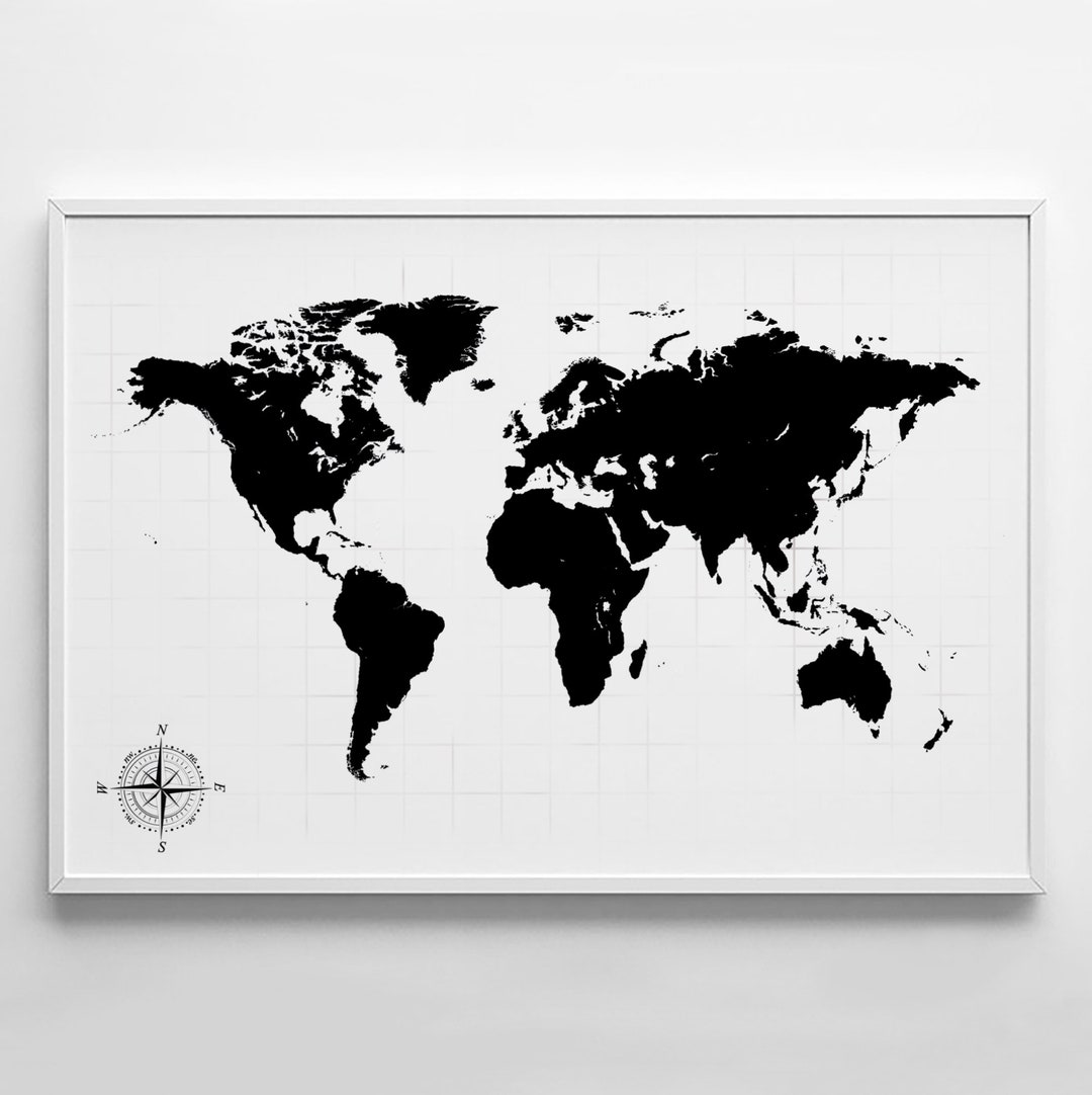 World Map, World Map Wall Art Print, Black and White Map Print, Compass ...