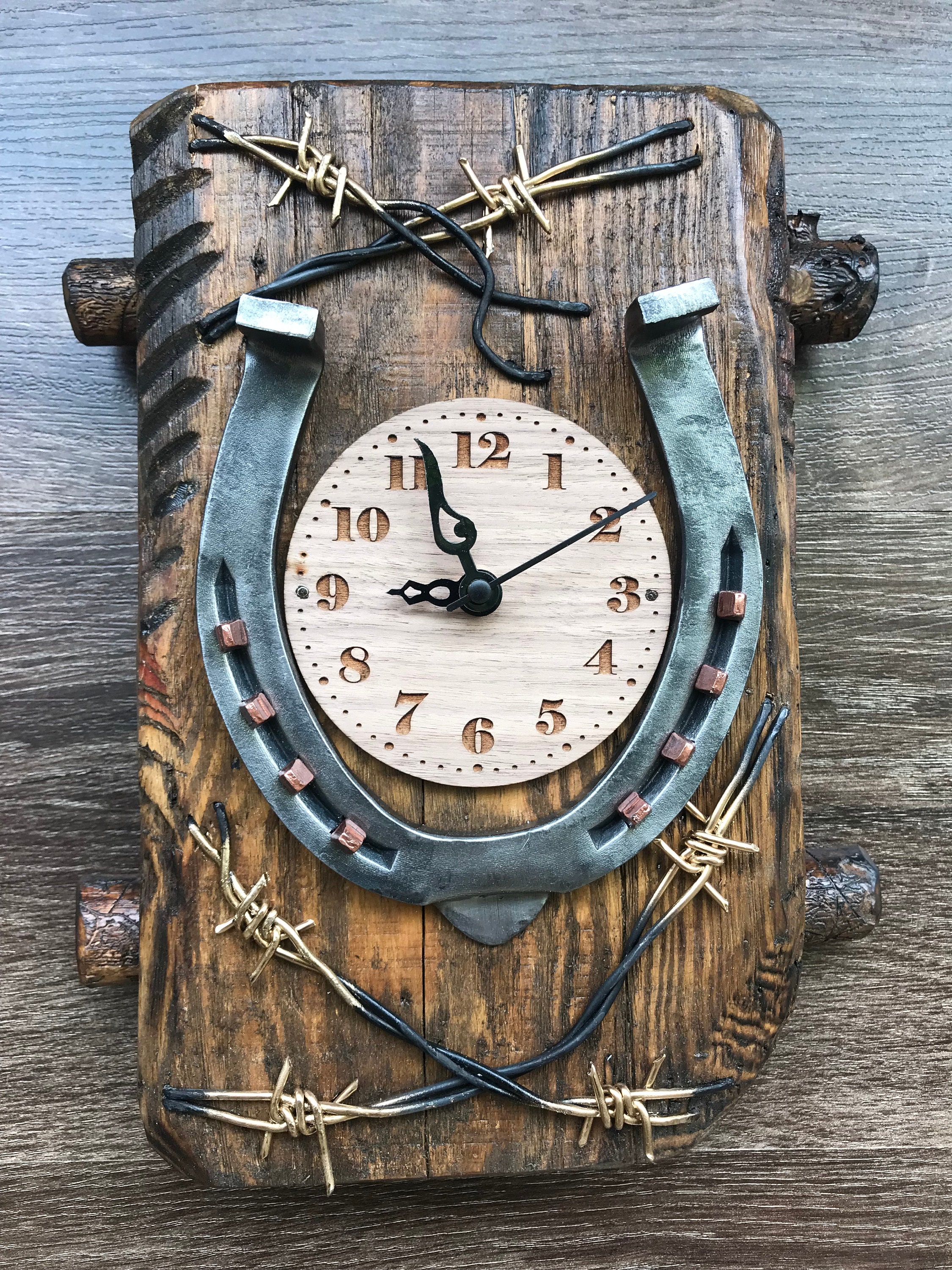 Western Wall Clock With Horseshoe, Rustic Cowboy Decor, Old Wood Clock ...
