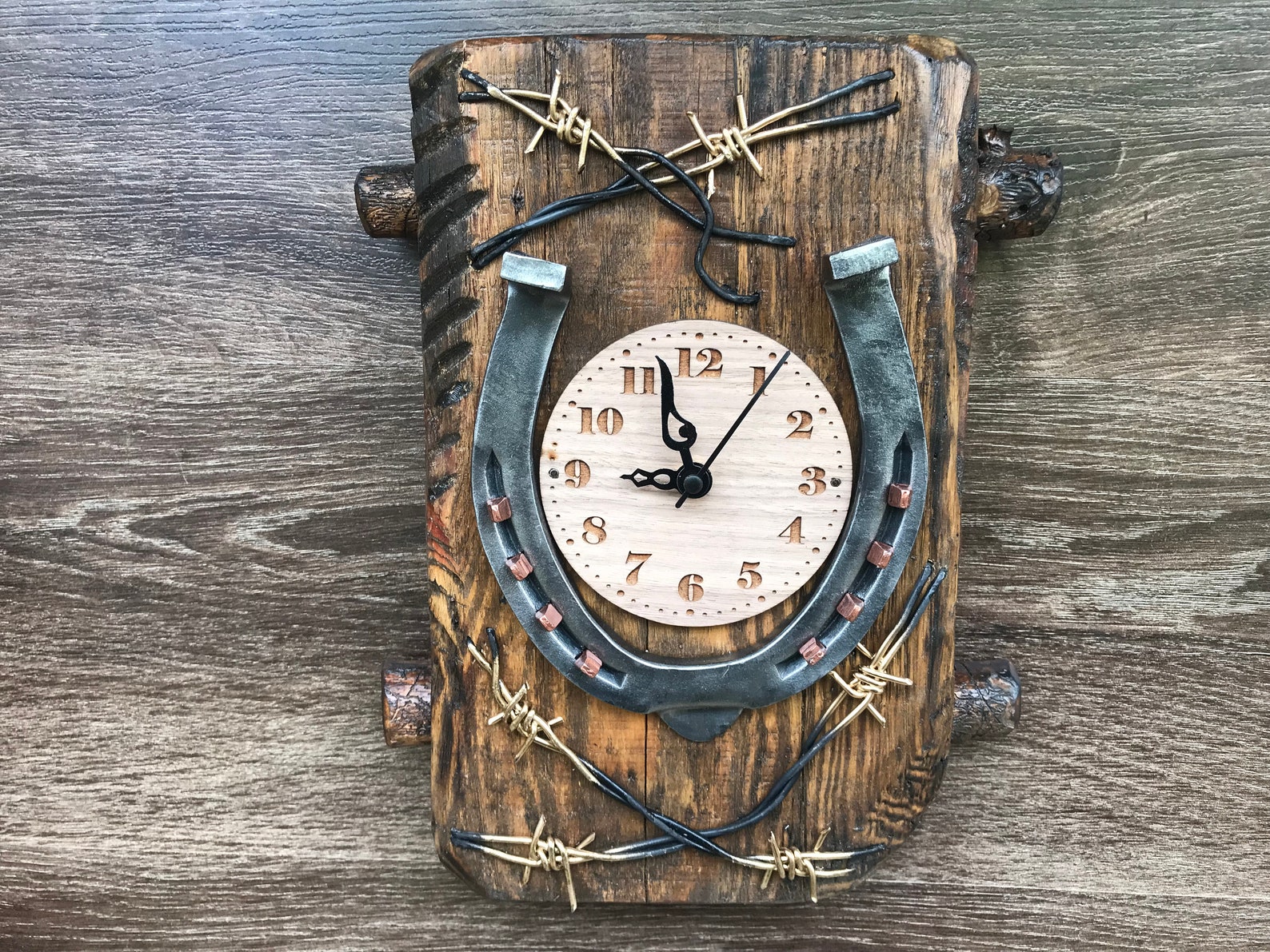 Western Wall Clock With Horseshoe, Rustic Cowboy Decor, Old Wood Clock ...