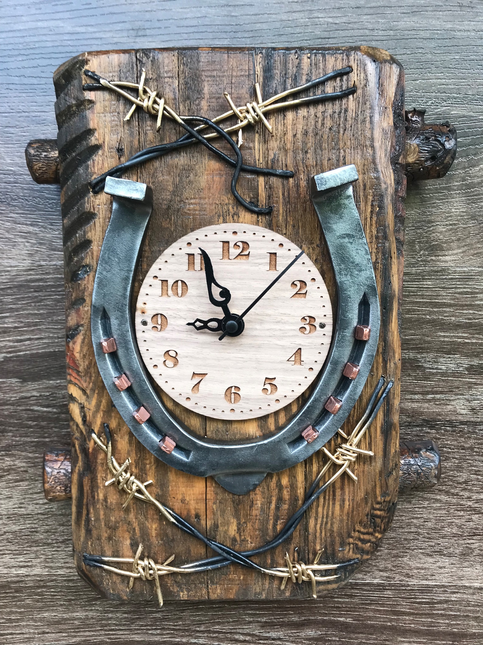 Western Wall Clock With Horseshoe, Rustic Cowboy Decor, Old Wood Clock ...