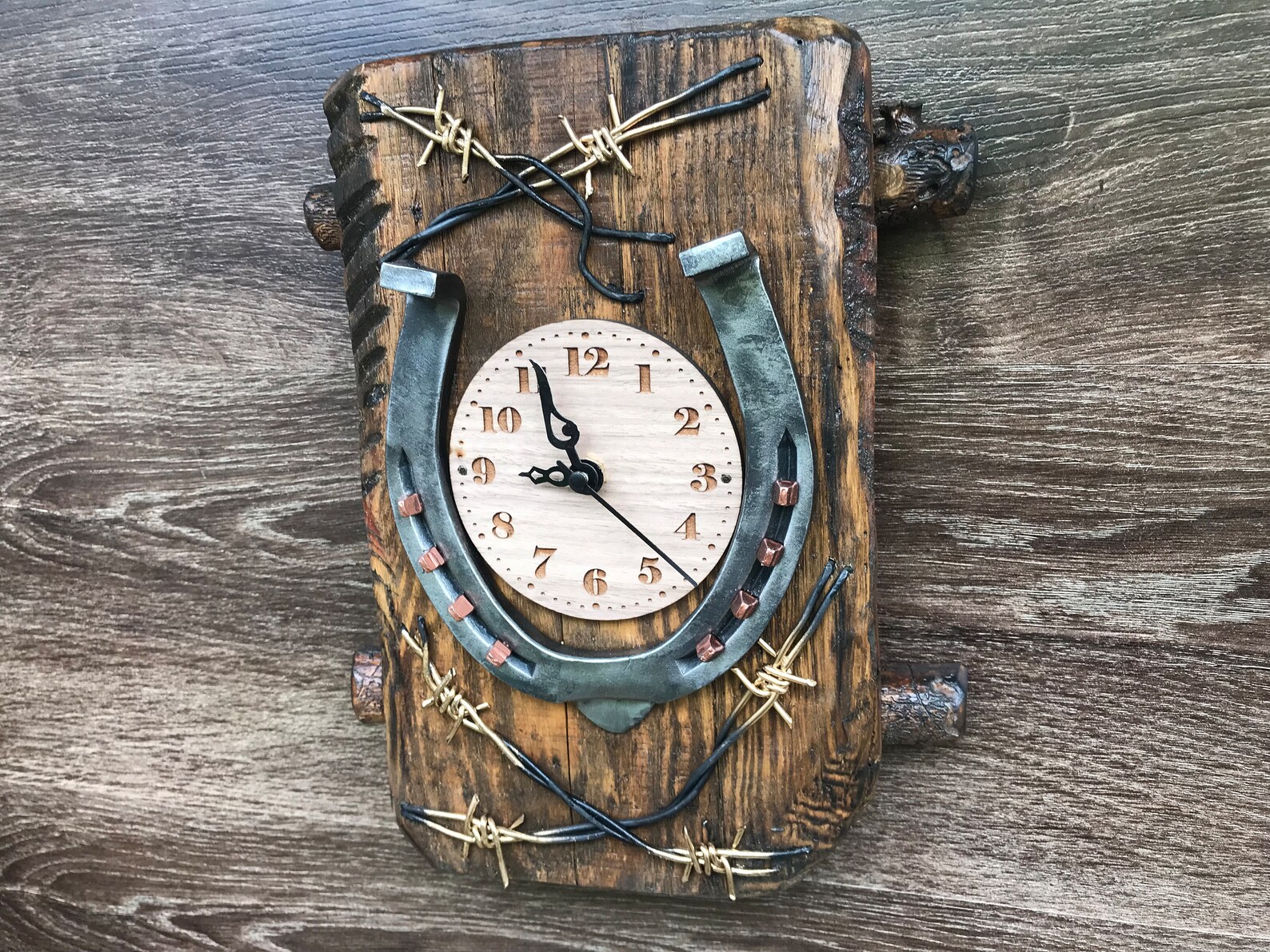 Western Wall Clock With Horseshoe, Rustic Cowboy Decor, Old Wood Clock ...