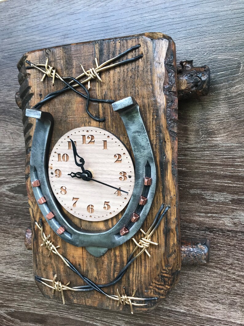 Western Wall Clock With Horseshoe, Rustic Cowboy Decor, Old Wood Clock ...
