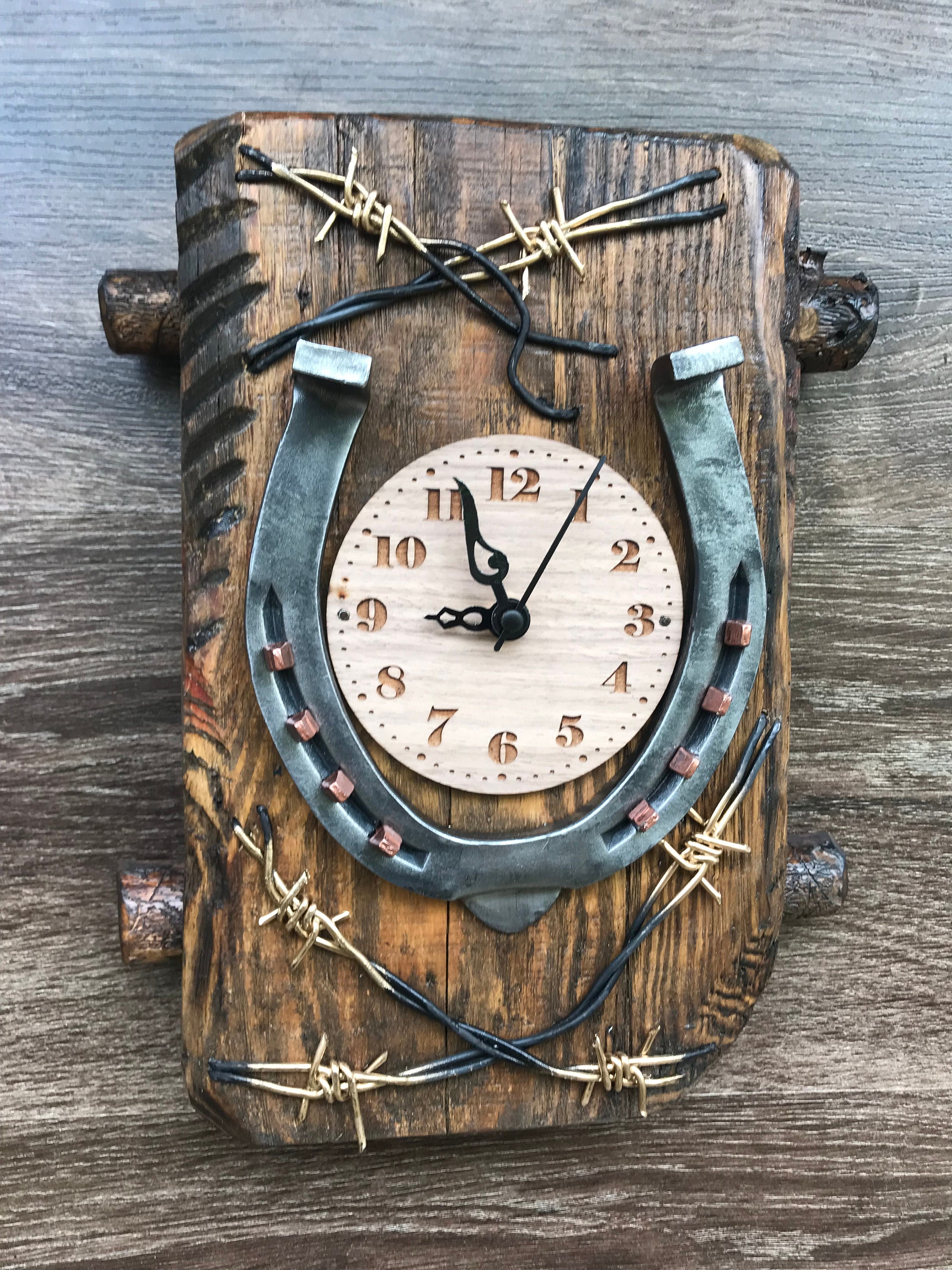 Western Wall Clock With Horseshoe, Rustic Cowboy Decor, Old Wood Clock ...