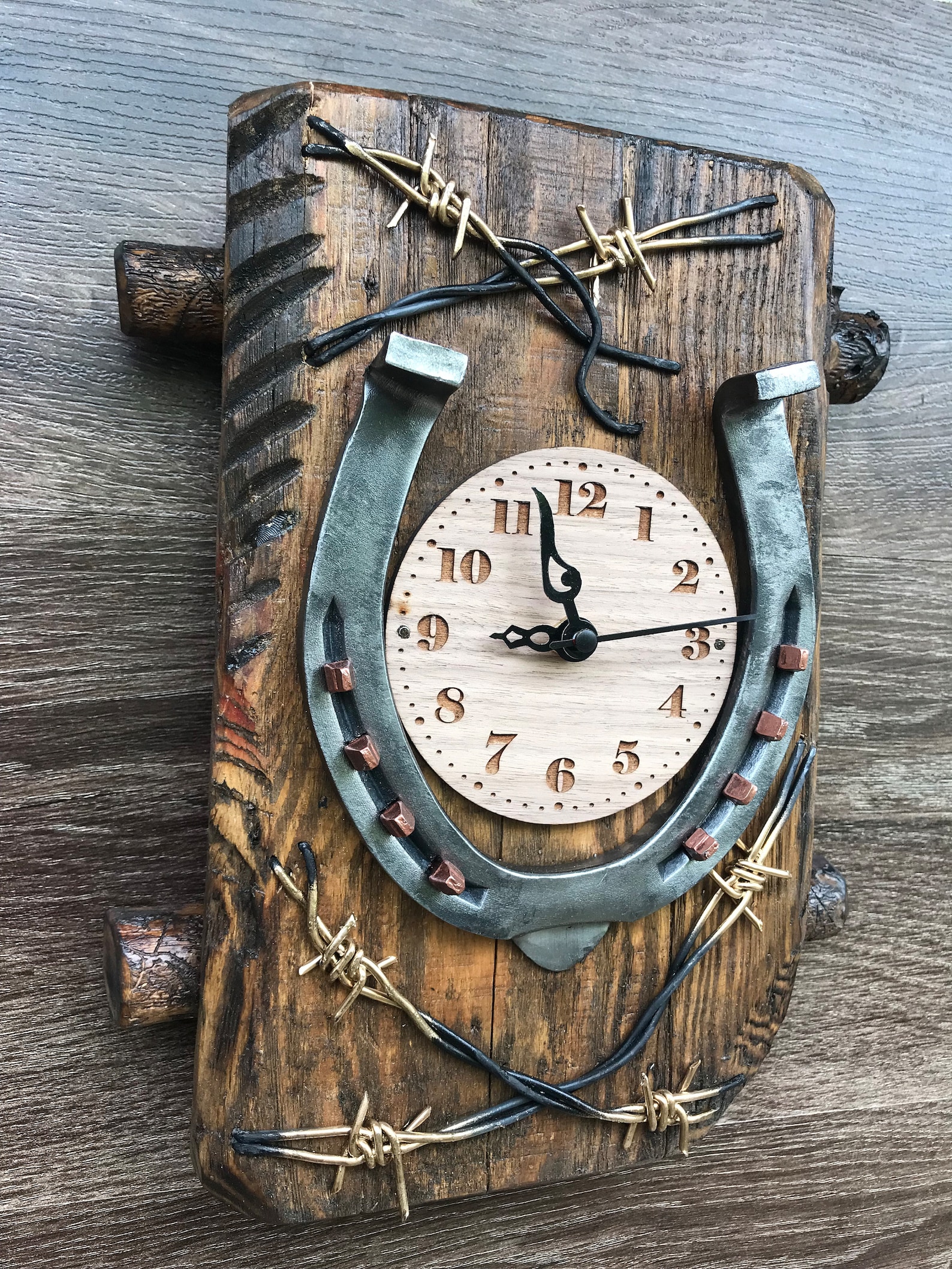 Western Wall Clock With Horseshoe, Rustic Cowboy Decor, Old Wood Clock ...