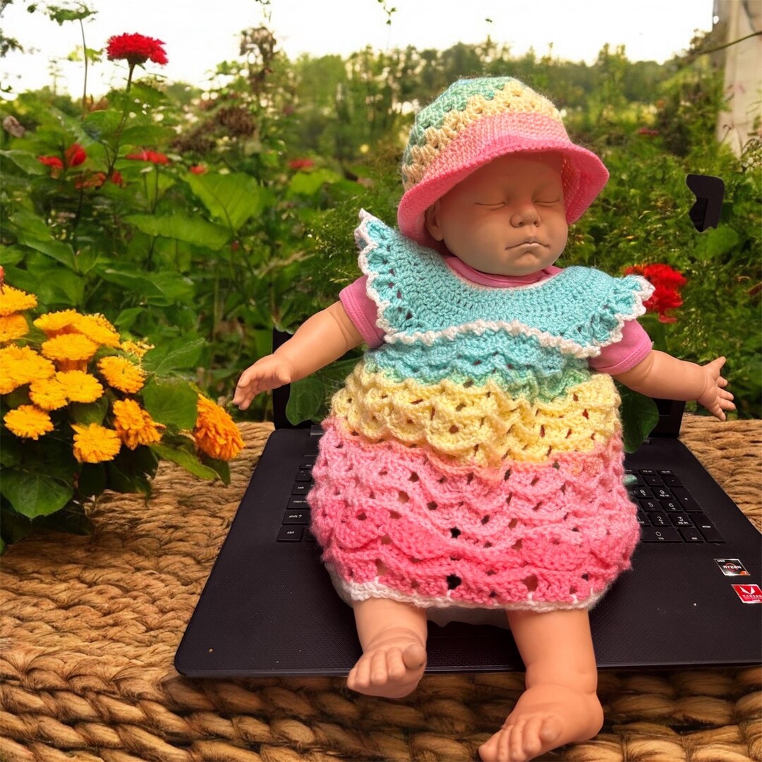 Crocheted Angel Wing Dress With Diaper Cover and Bucket Hat. 3/6 Months ...