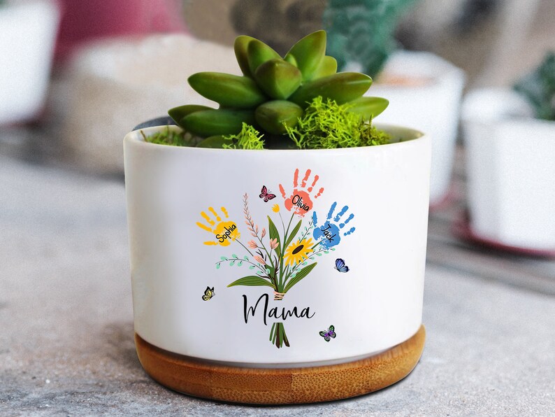 Custom Mama Handprints Succulent Pot, Mom Plant Pot, Flower Handprint ...