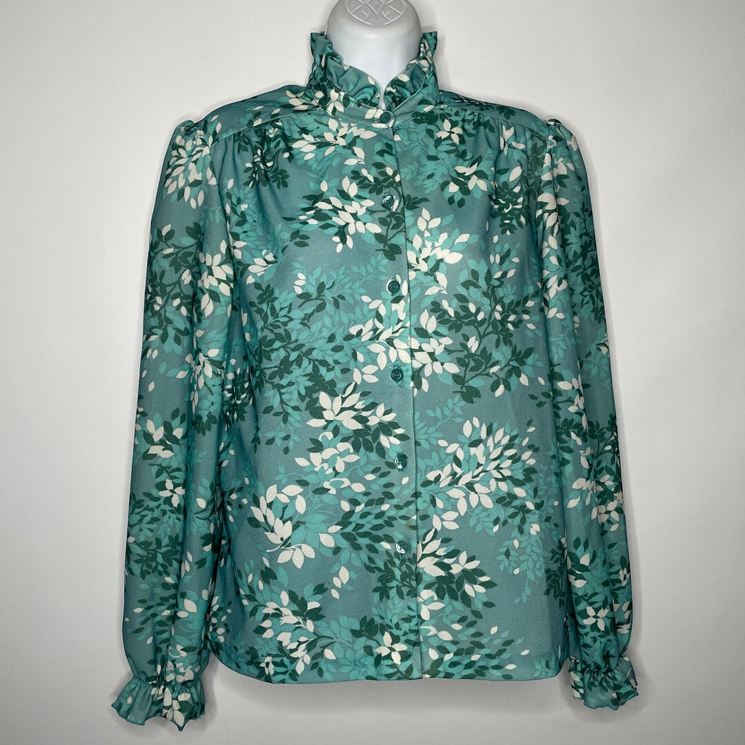 Vintage 70s Cricket Lane Blue White Leaf Ruffle Collar Secretary Blouse ...
