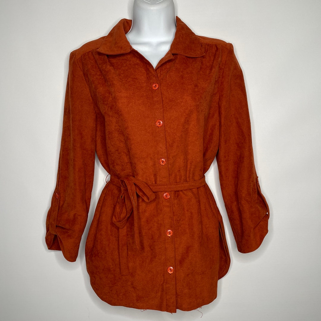 Vintage 70s Rust Orange Brushed Velour Tab Sleeve Belted Blouse Top ...
