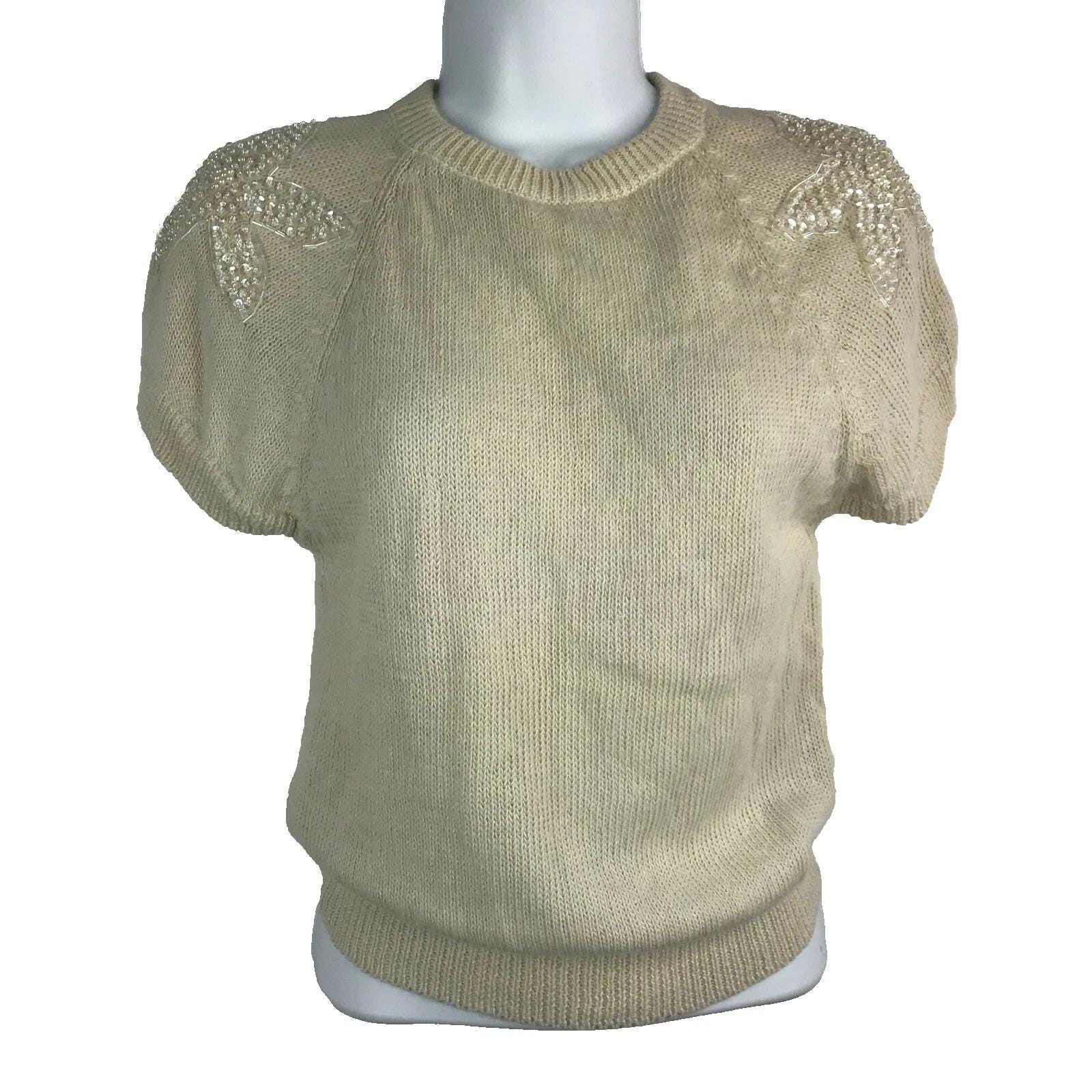 Vintage 80s the Italian Mob Floral Beaded Ivory Fuzzy Angora Sweater ...