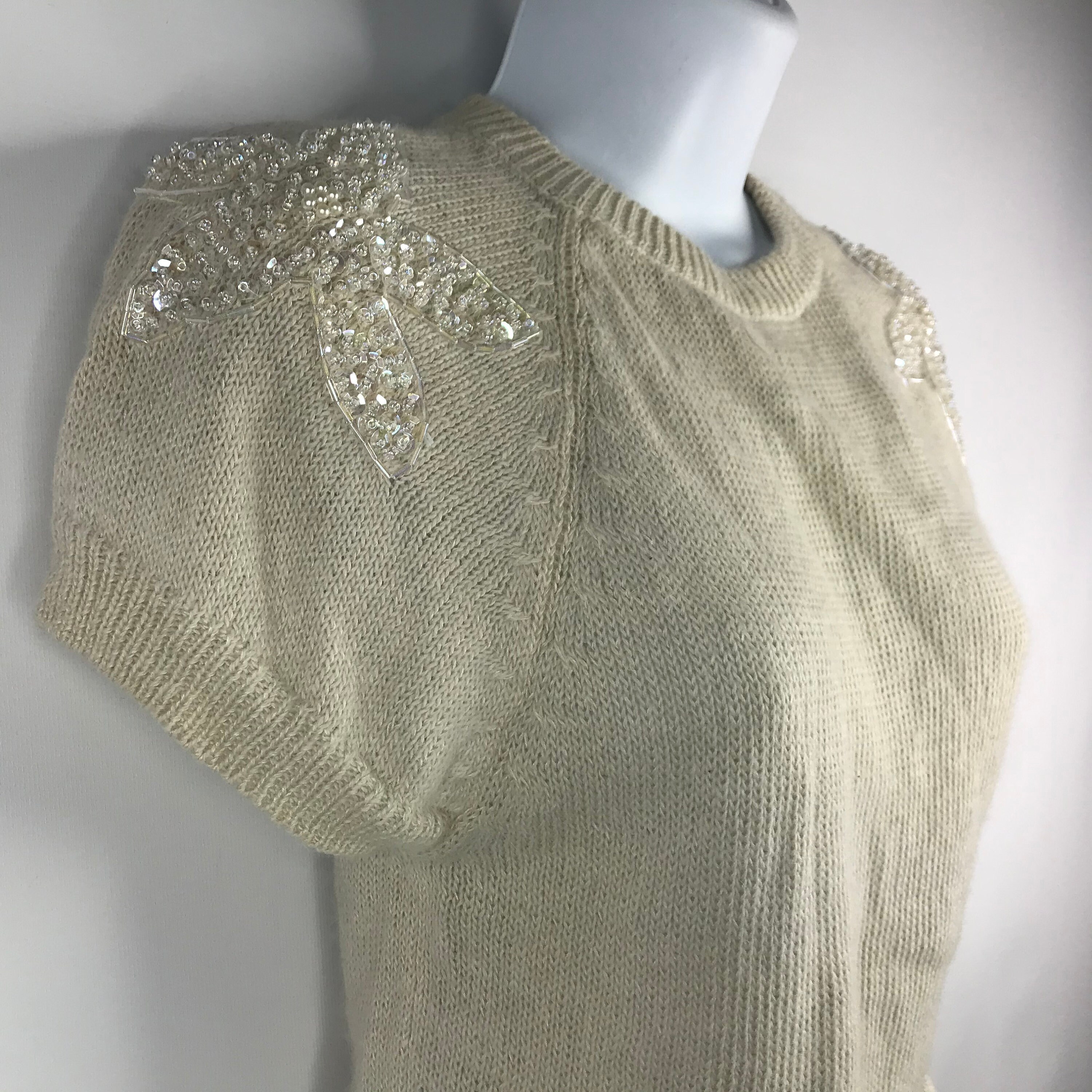 Vintage 80s the Italian Mob Floral Beaded Ivory Fuzzy Angora Sweater ...