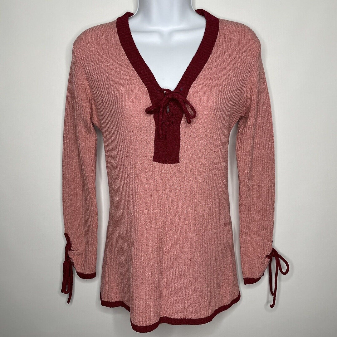 Vintage 70s Marbella Knits Pink Burgundy Ribbed Lace up Jumper Sweater ...