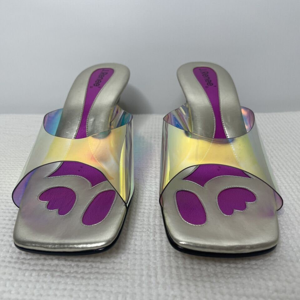 Vintage 90s/y2k J Renee Holographic Vinyl Lucite Heel Square Toe Mules ...