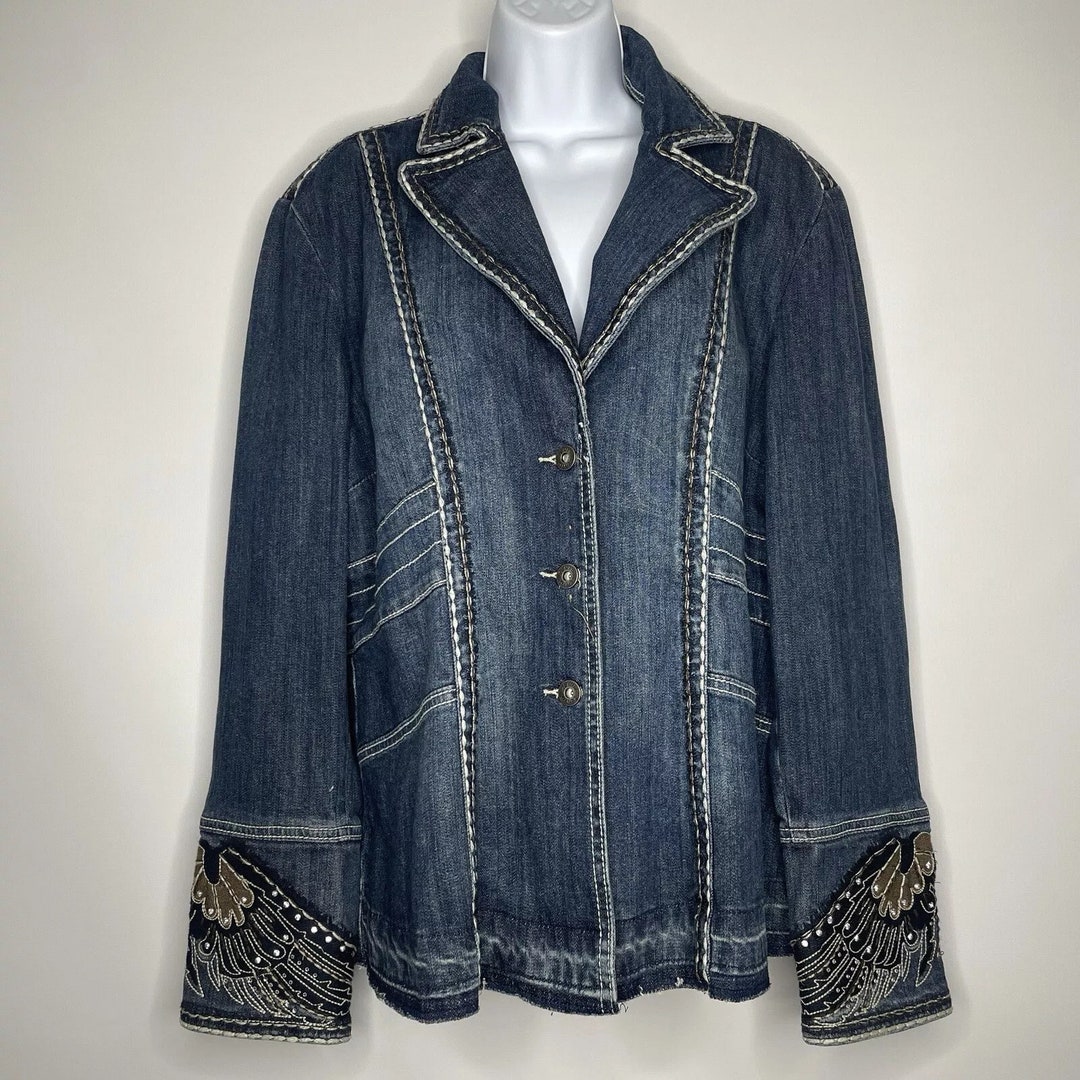 Vintage Y2K Zenim Blue Denim Jacket Size L Embroidered Studded ...
