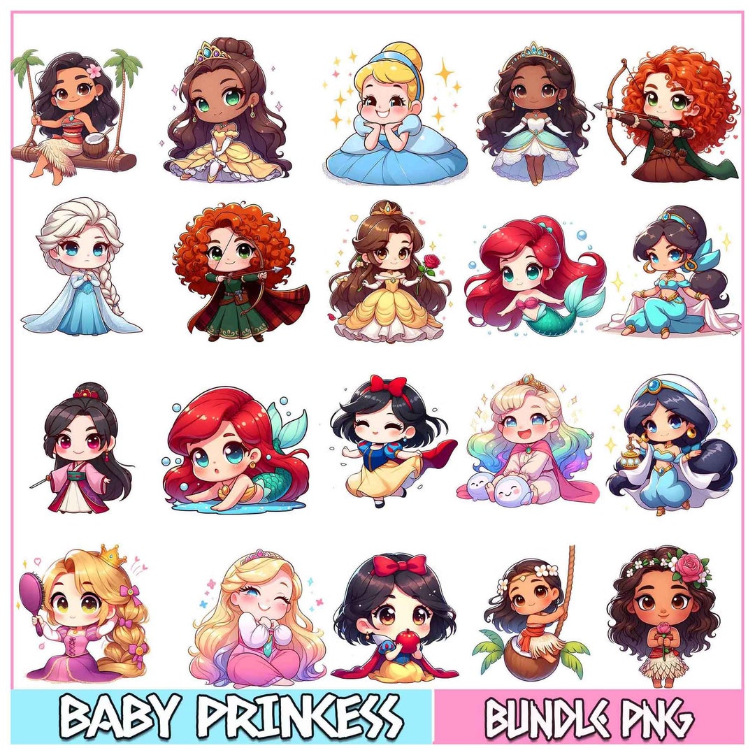 Chibi Princess Clipart PNG Bundle, Transparent Background PNG, Cute ...