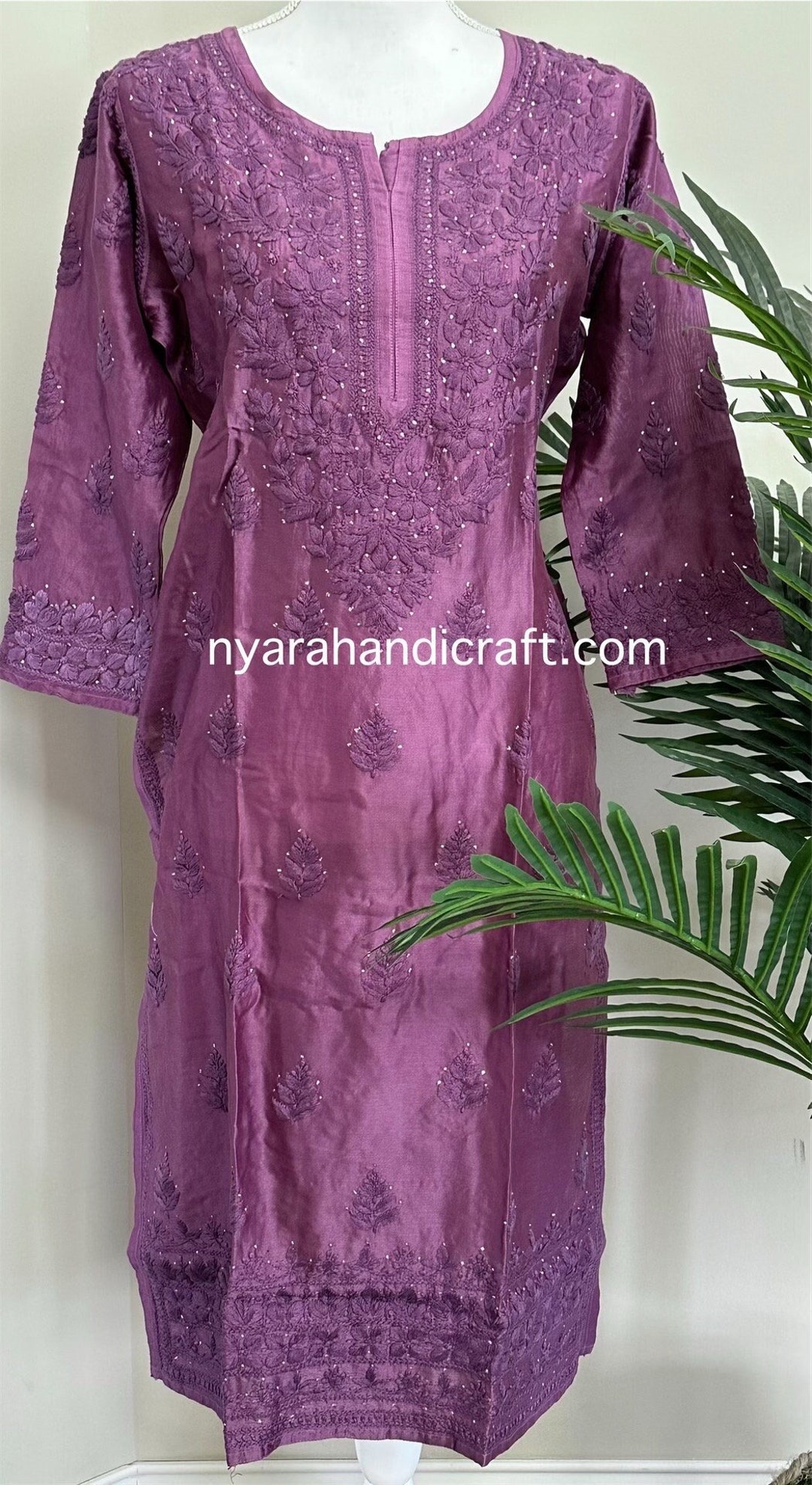 Purple Lucknow Chikankari Pure Chanderi Silk by Cotton Kurta / Free ...