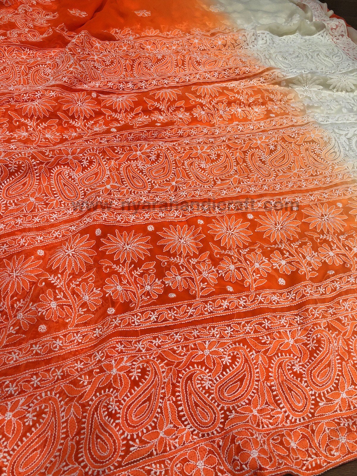 Lucknow Chikankari Saree on georgette/ With Fall and Petticoat / Orange ...