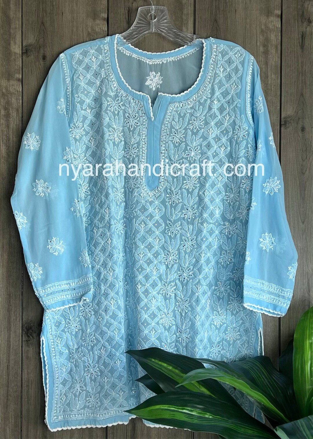 Powder Blue Chikankari Short Kurti Blouse / Georgette With Mukaish ...