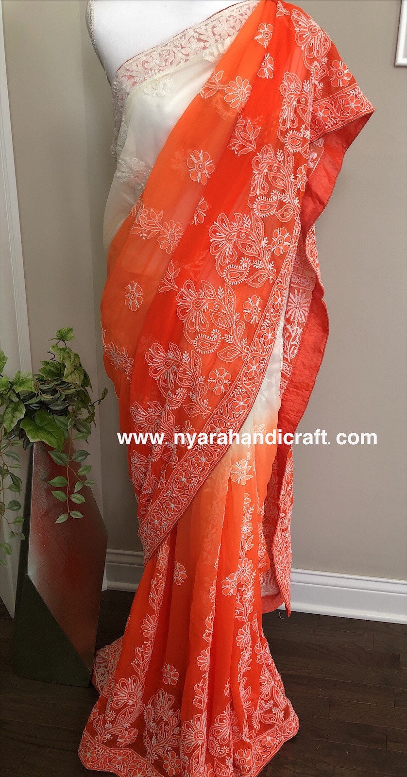 Lucknow Chikankari Saree on georgette/ With Fall and Petticoat / Orange ...