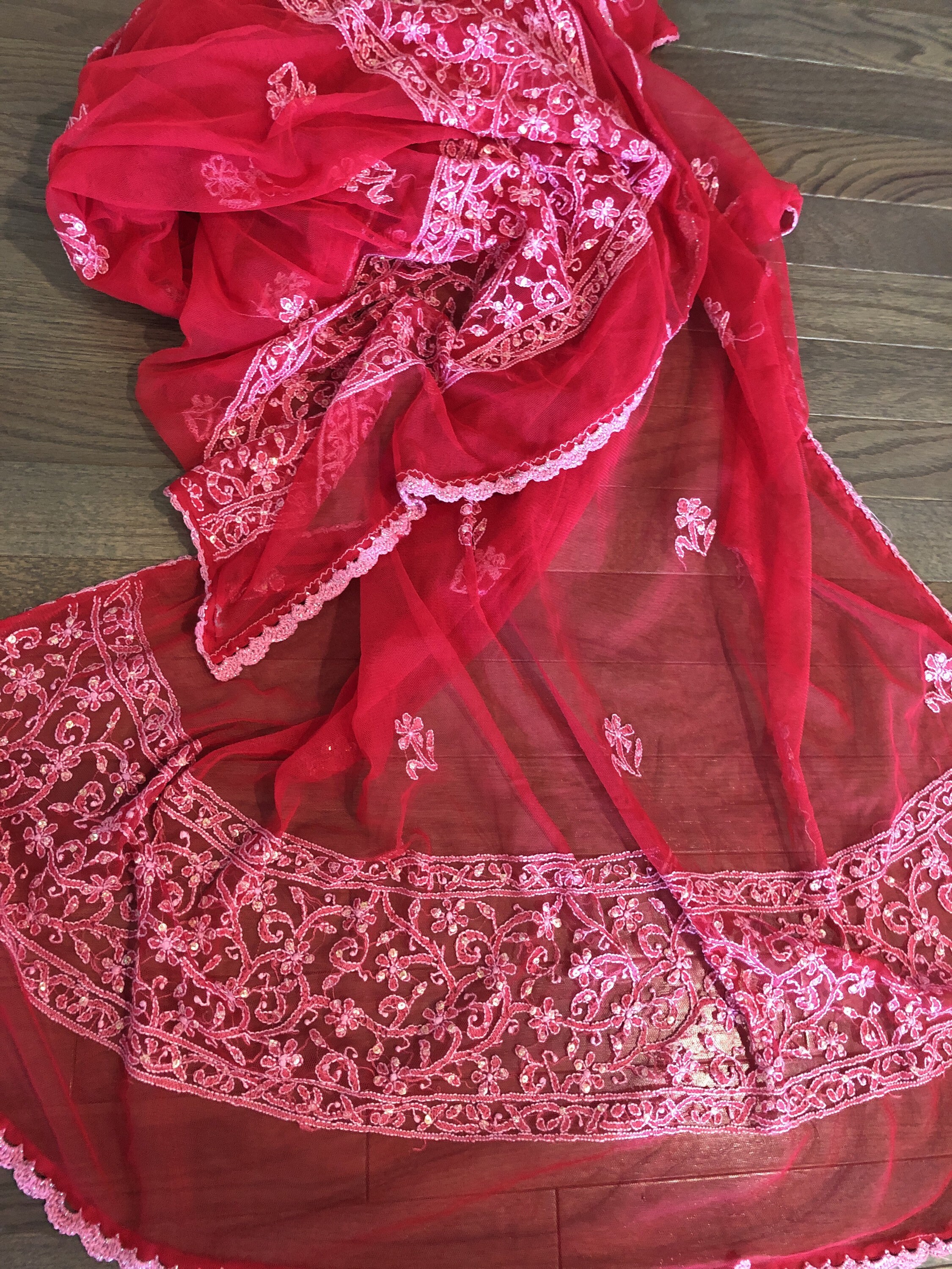 Red Net Dupatta with Chikankari Hand Embroidery/Free Shipping in UD