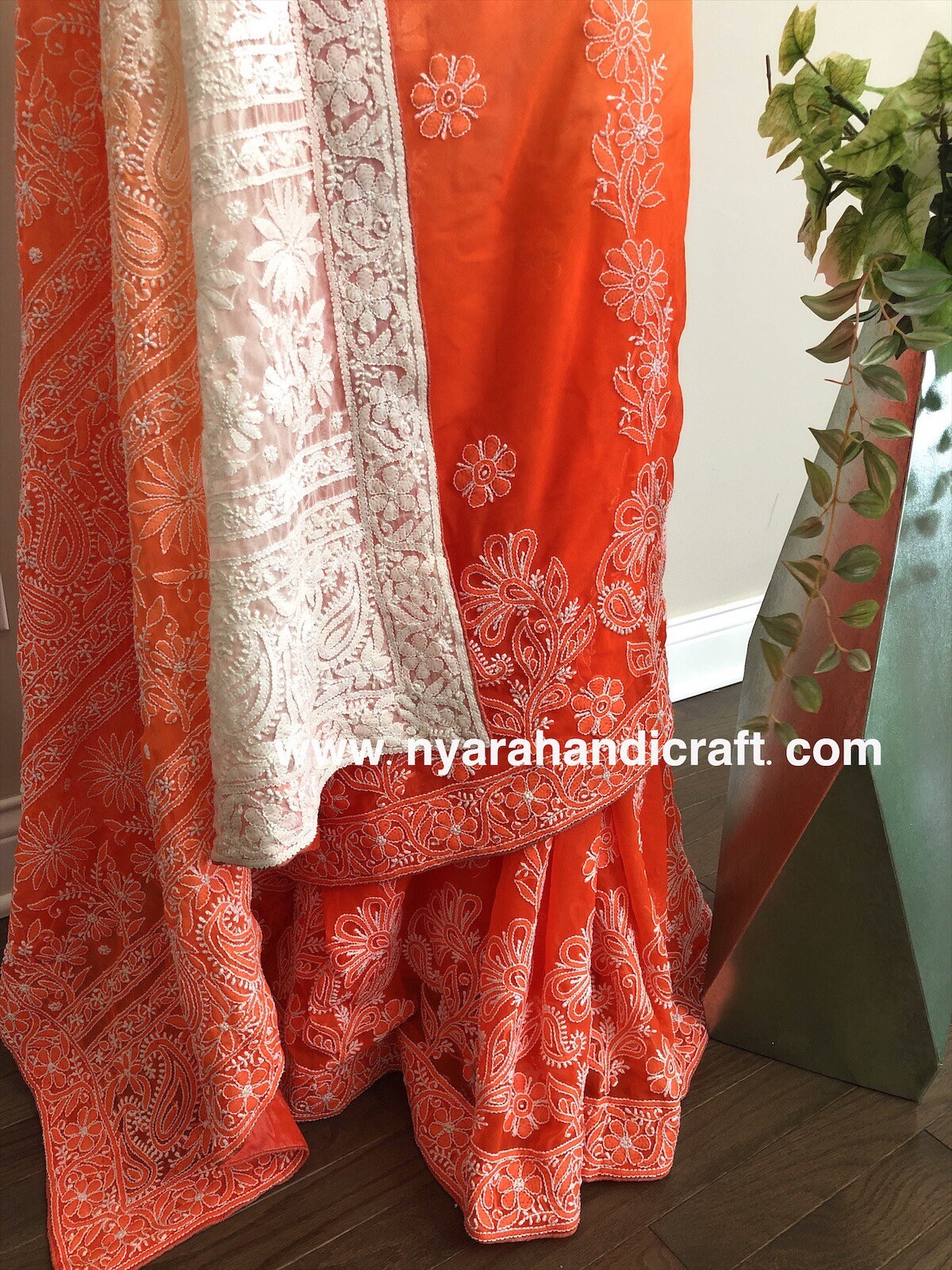 Lucknow Chikankari Saree on georgette/ With Fall and Petticoat / Orange ...