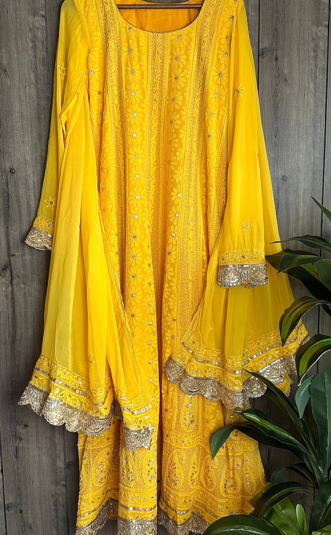 Lucknow Chikankari Yellow Heavy Anarkali Gown / Dupatta Included/ FREE ...