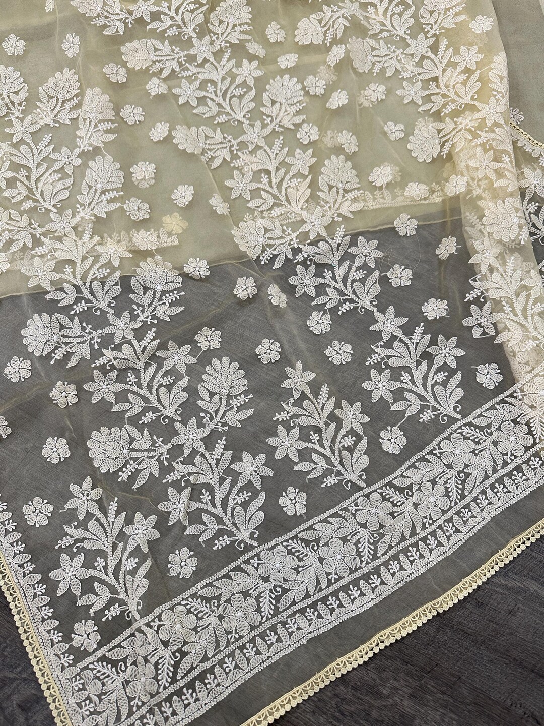 Light Yellow Organza Chikankari Saree / Satin Petticoat Included/ Free ...