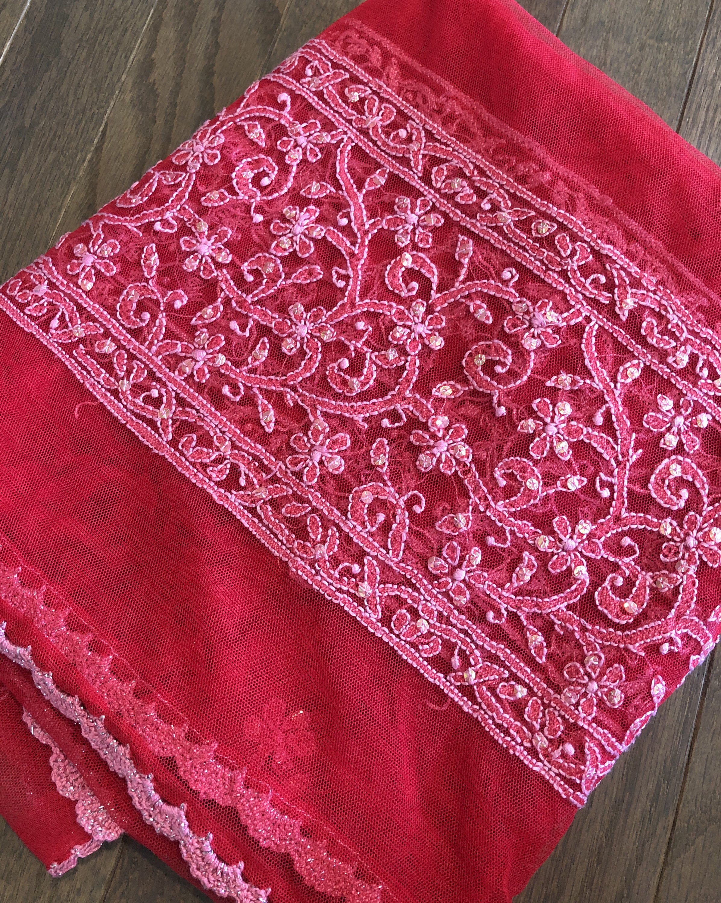 Red Net Dupatta with Chikankari Hand Embroidery/Free Shipping in UD