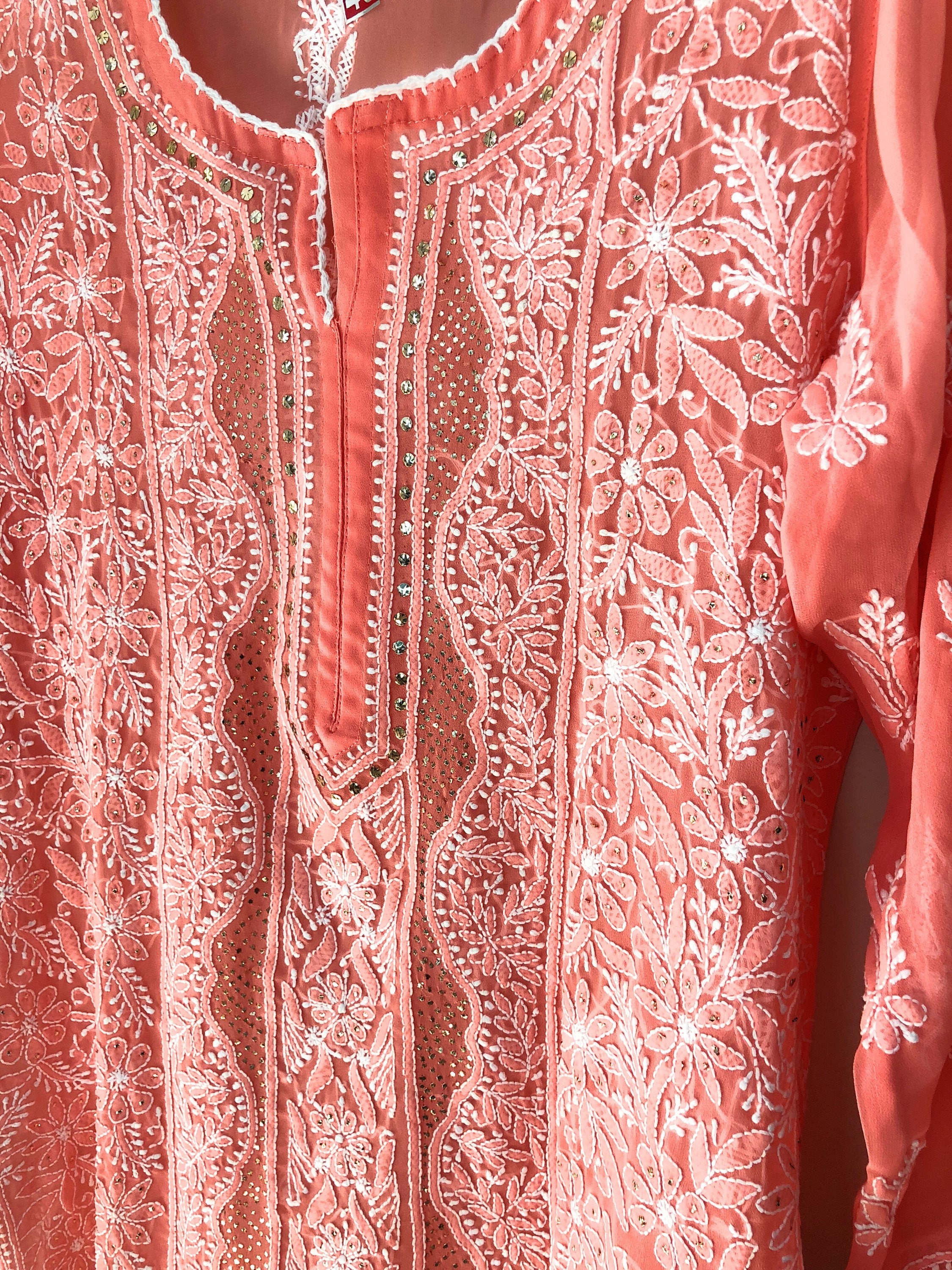 Lucknow Chikankari fine georgette kurti/tunic with kaamdani work ...