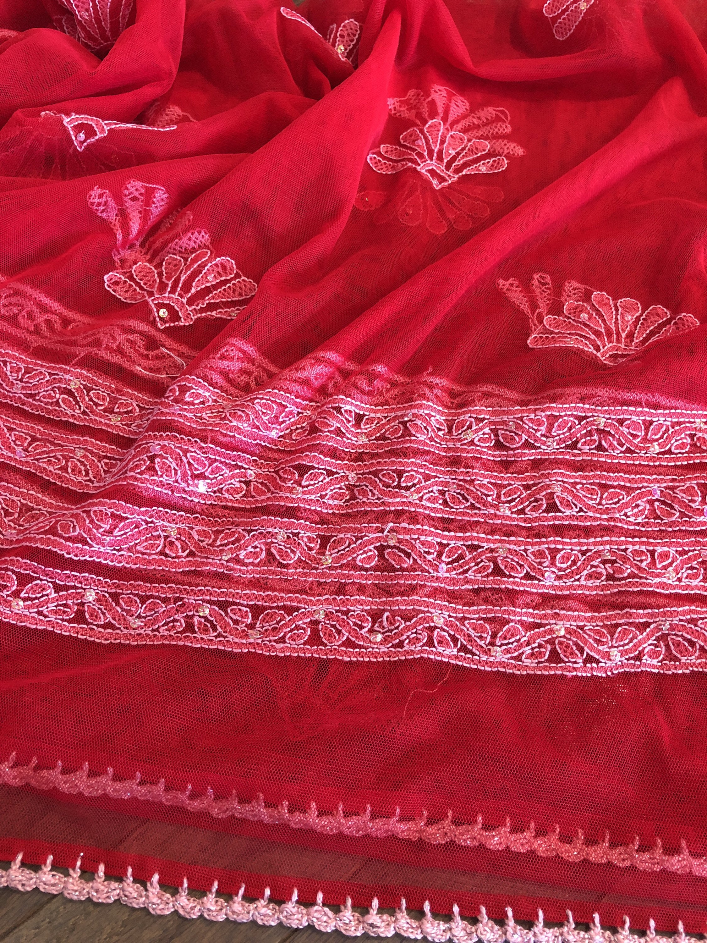 Red Net Dupatta with Chikankari Hand Embroidery/Free Shipping in UD