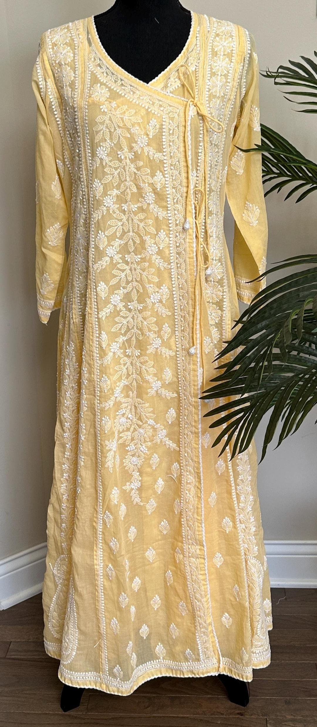 Pale Yellow Chikankari Angarkha on Soft Cotton / Liner Included / Free ...