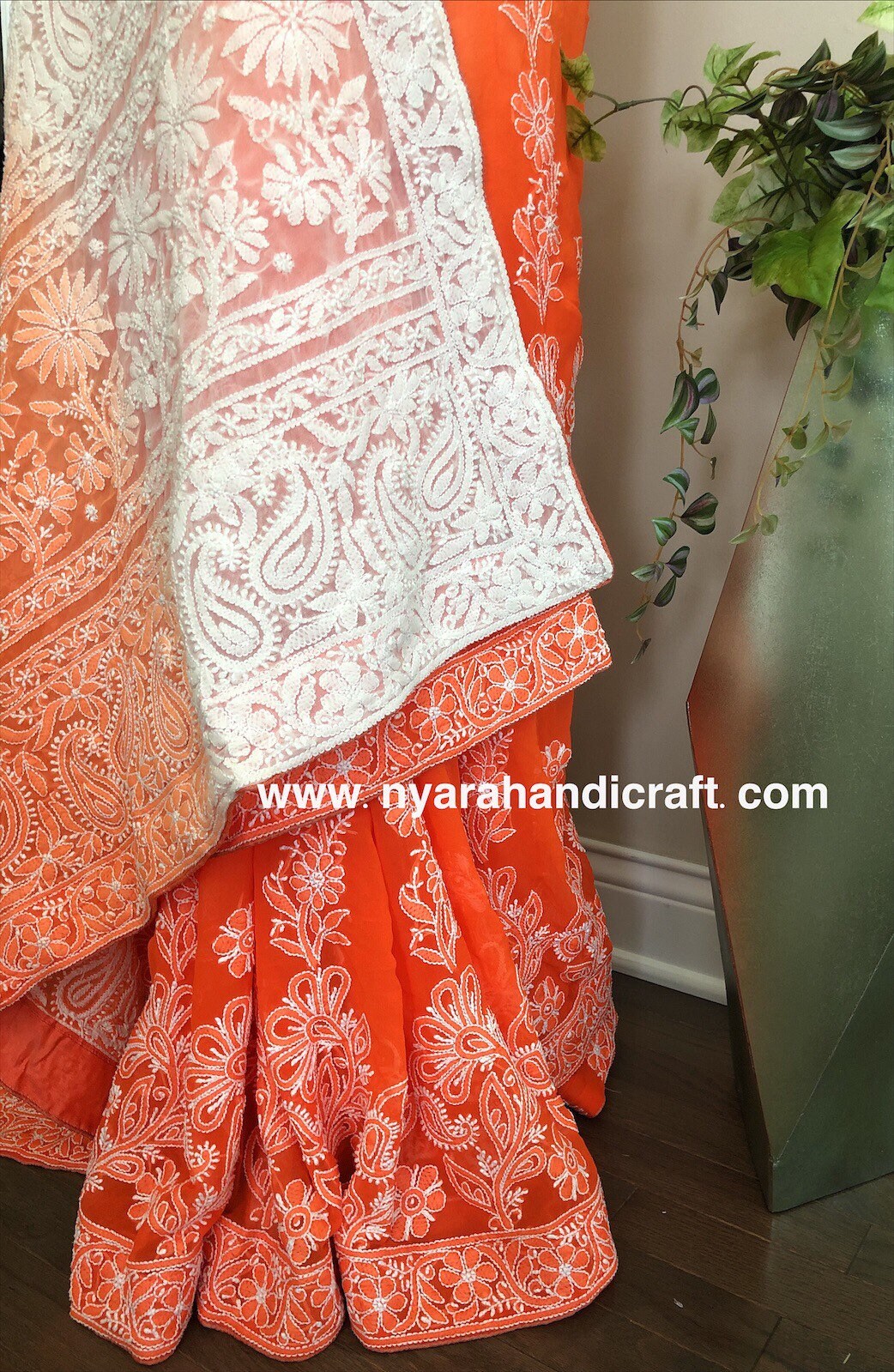Lucknow Chikankari Saree on georgette/ With Fall and Petticoat / Orange ...
