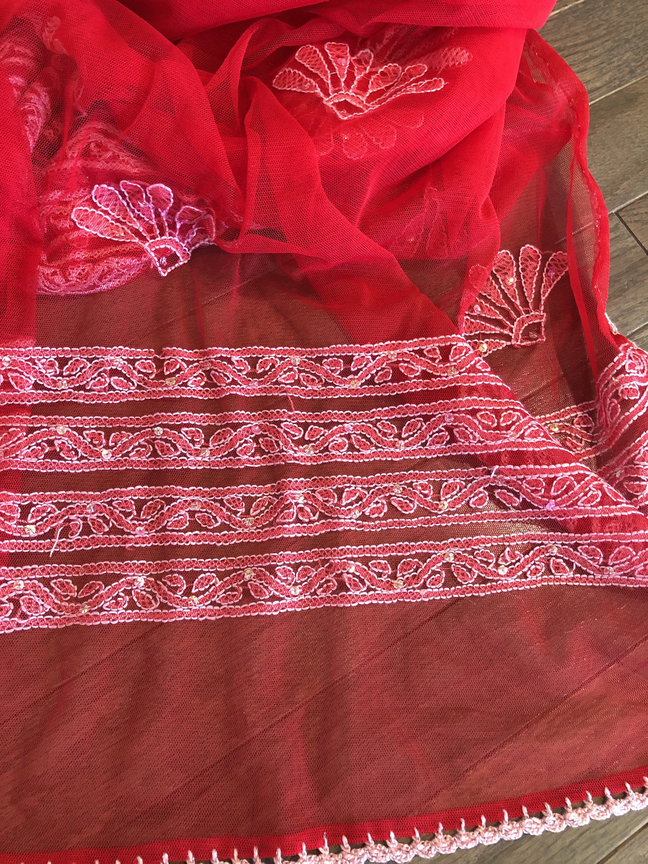Red Net Dupatta with Chikankari Hand Embroidery/Free Shipping in UD