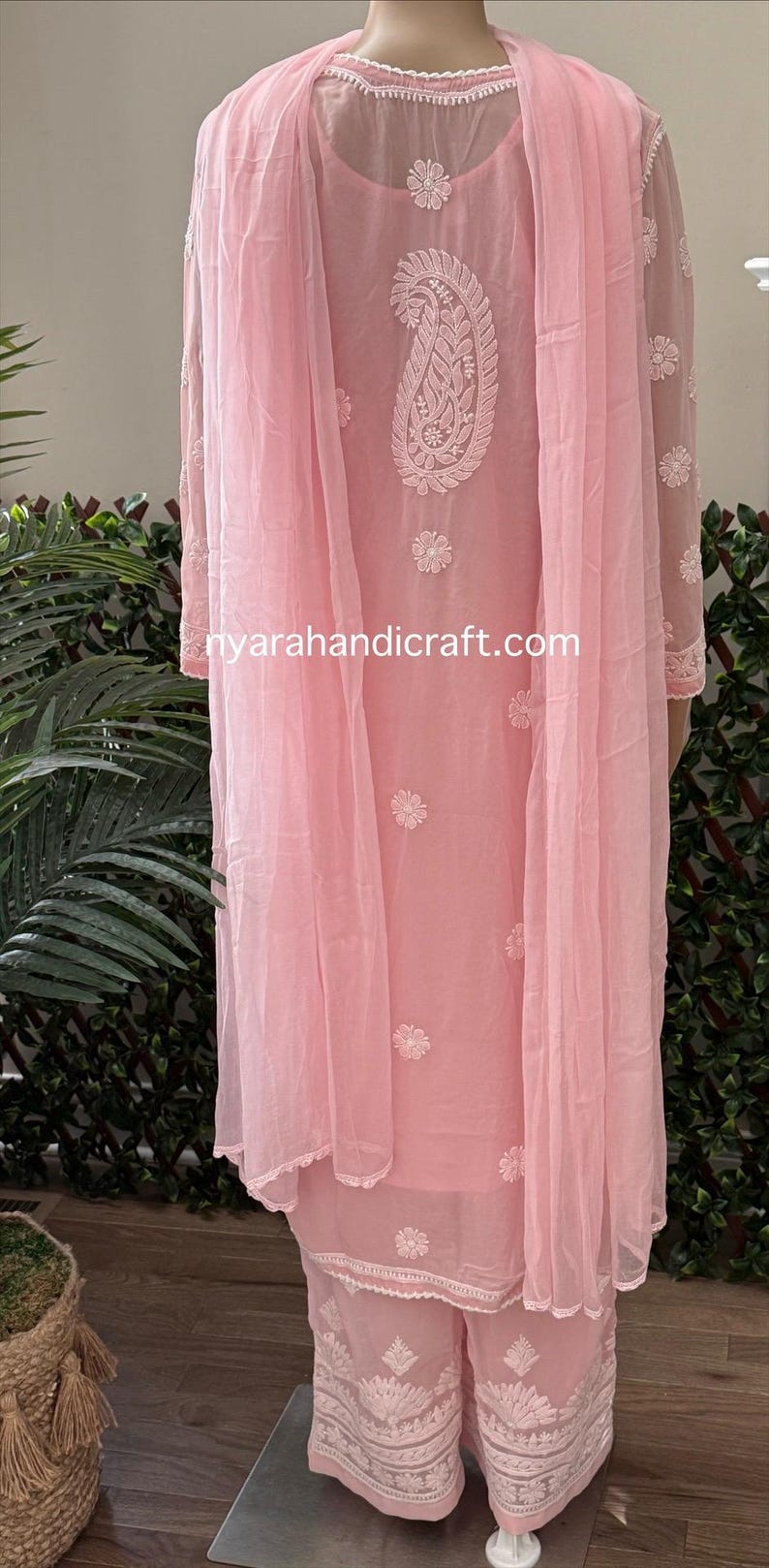 Peachy Pink Chikankari Suit | Kurta and Palazzo Set | Georgette | 4 Pc ...