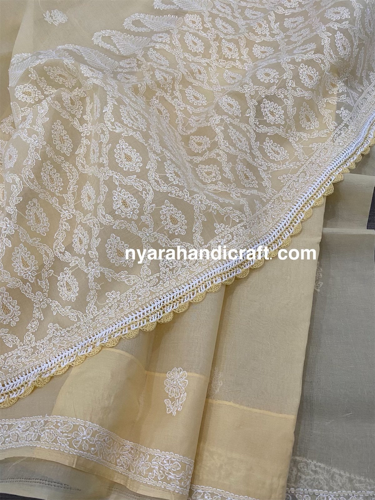 Lucknow Chikankari Saree on Pure Cotton/Beige/ Fall and Petticoat ...