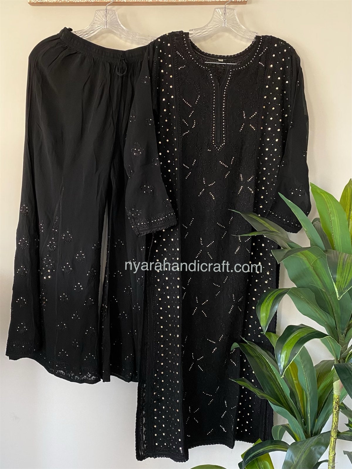 Black Chikankari Suit on fine georgette with Mukaish /Free Shipping in US