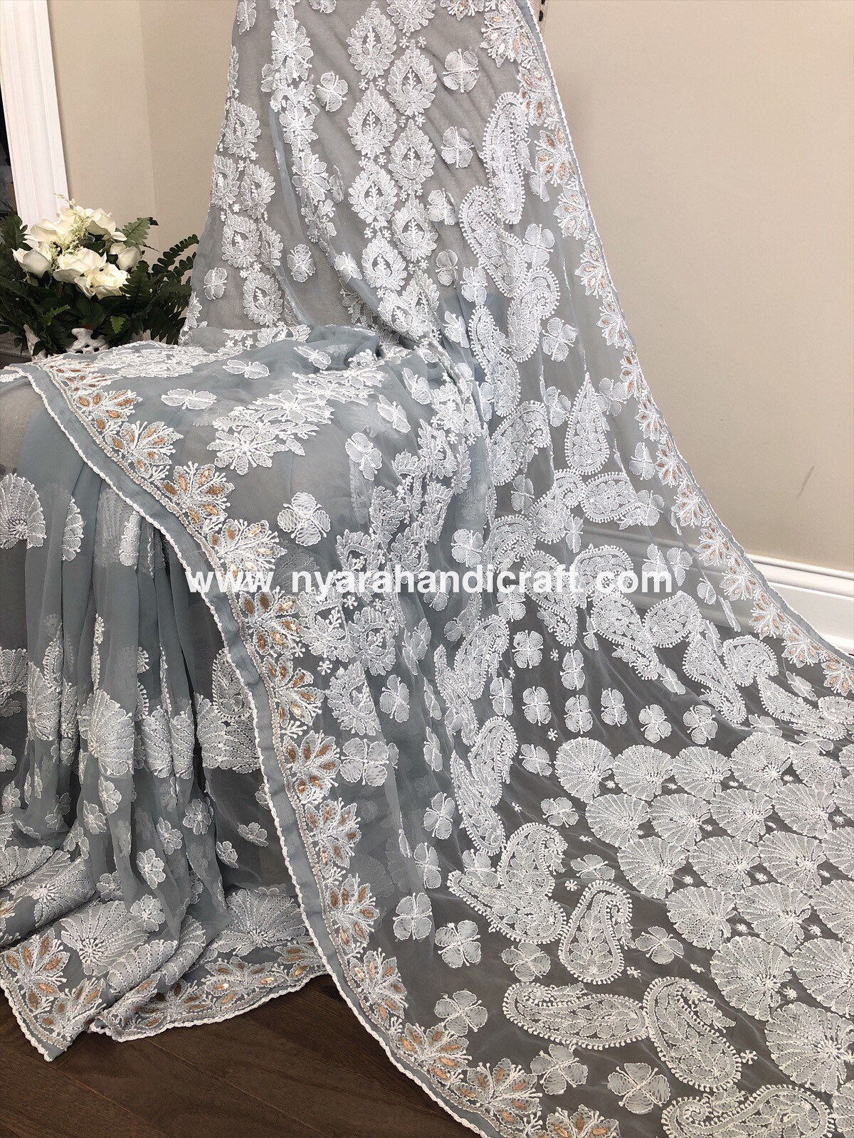 Chikankari Gray Saree on georgette with Gota Patti/Fall and Petticoat ...