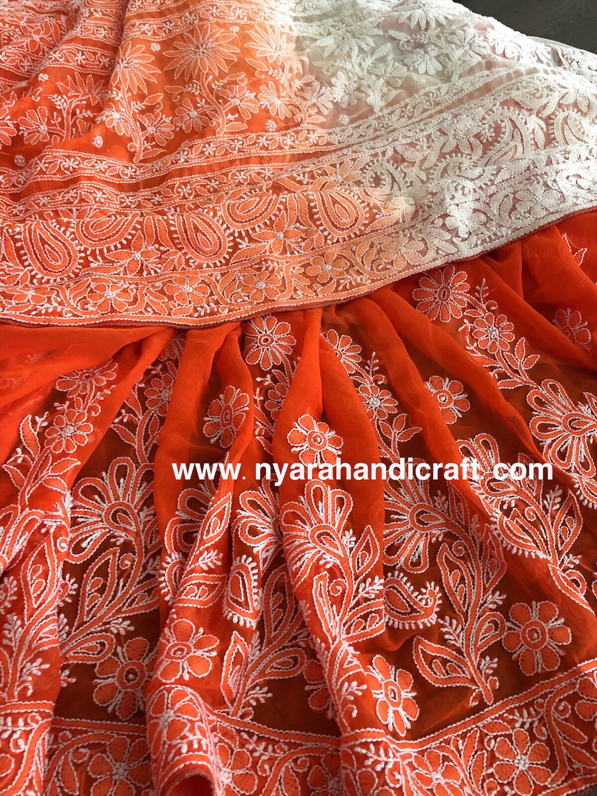 Lucknow Chikankari Saree on georgette/ With Fall and Petticoat / Orange ...