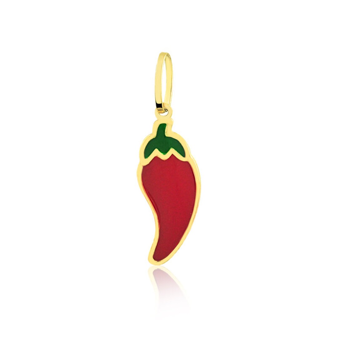 18k Solid Yellow Gold Red Enamel Chili Pepper Charm for Chain for Women ...