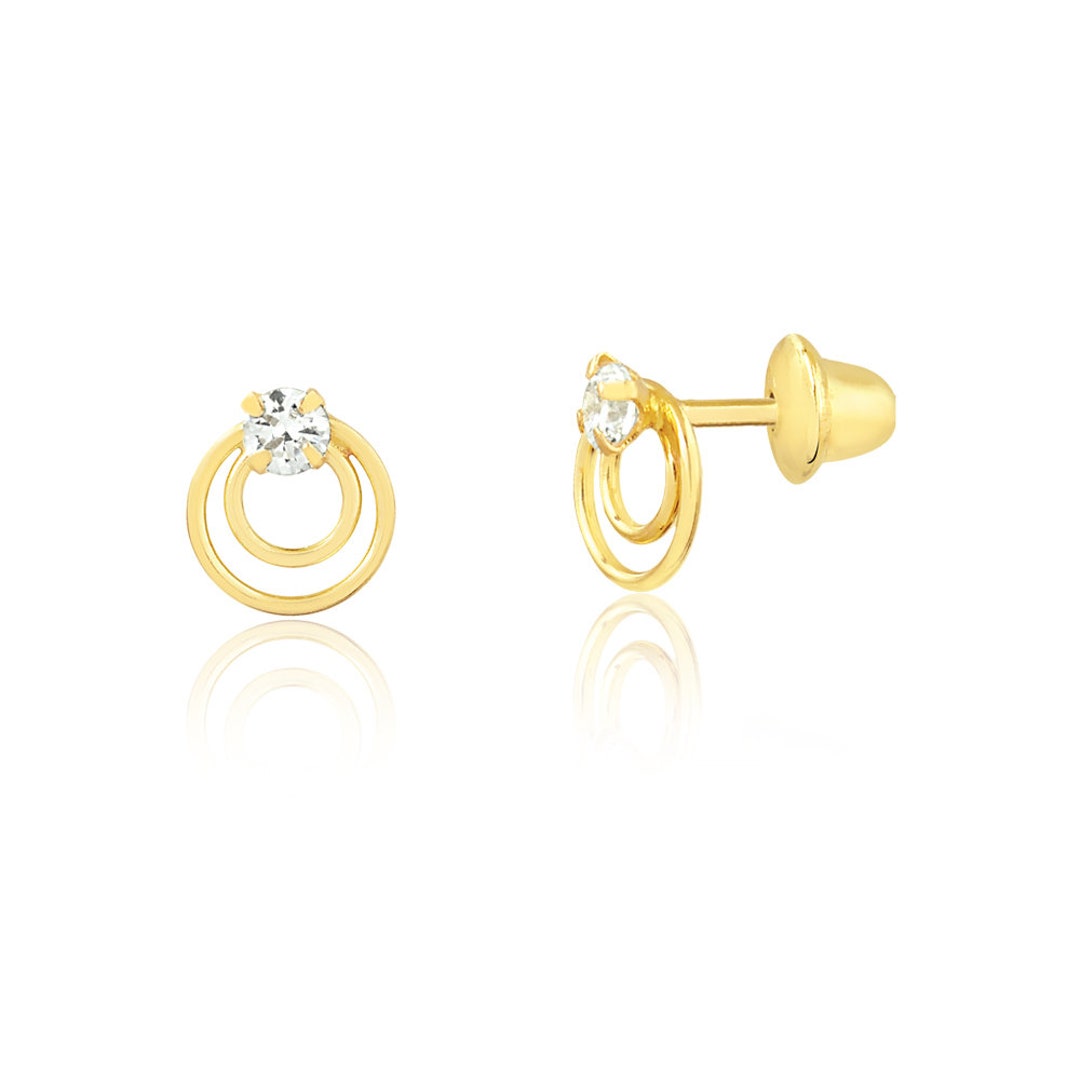 18k Solid Gold Double Circle Zircon Push Back Stud Earrings for Infants ...