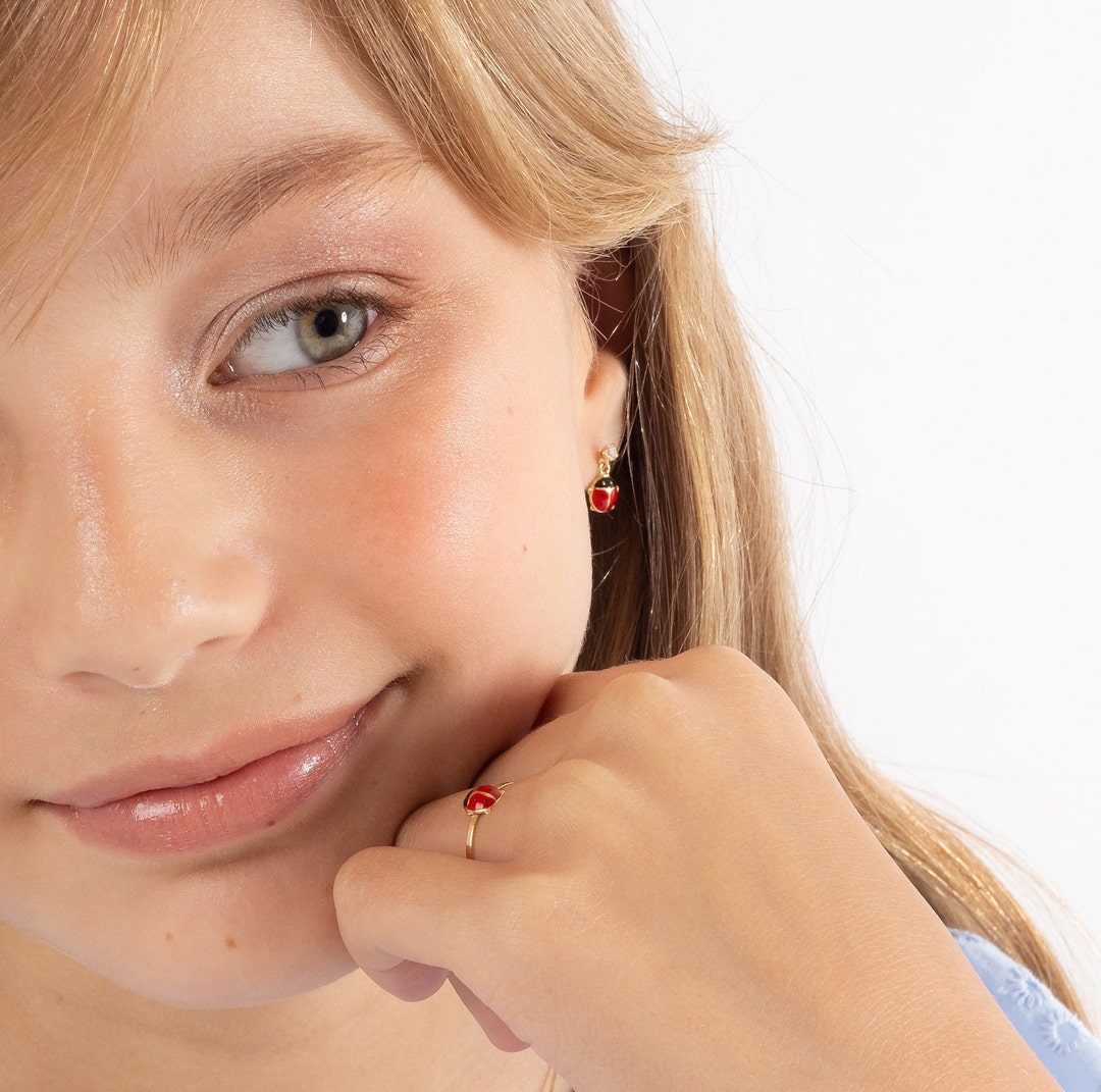 18k Gold CZ Ladybug Earrings for Toddlers Drop Style With Backs - Etsy