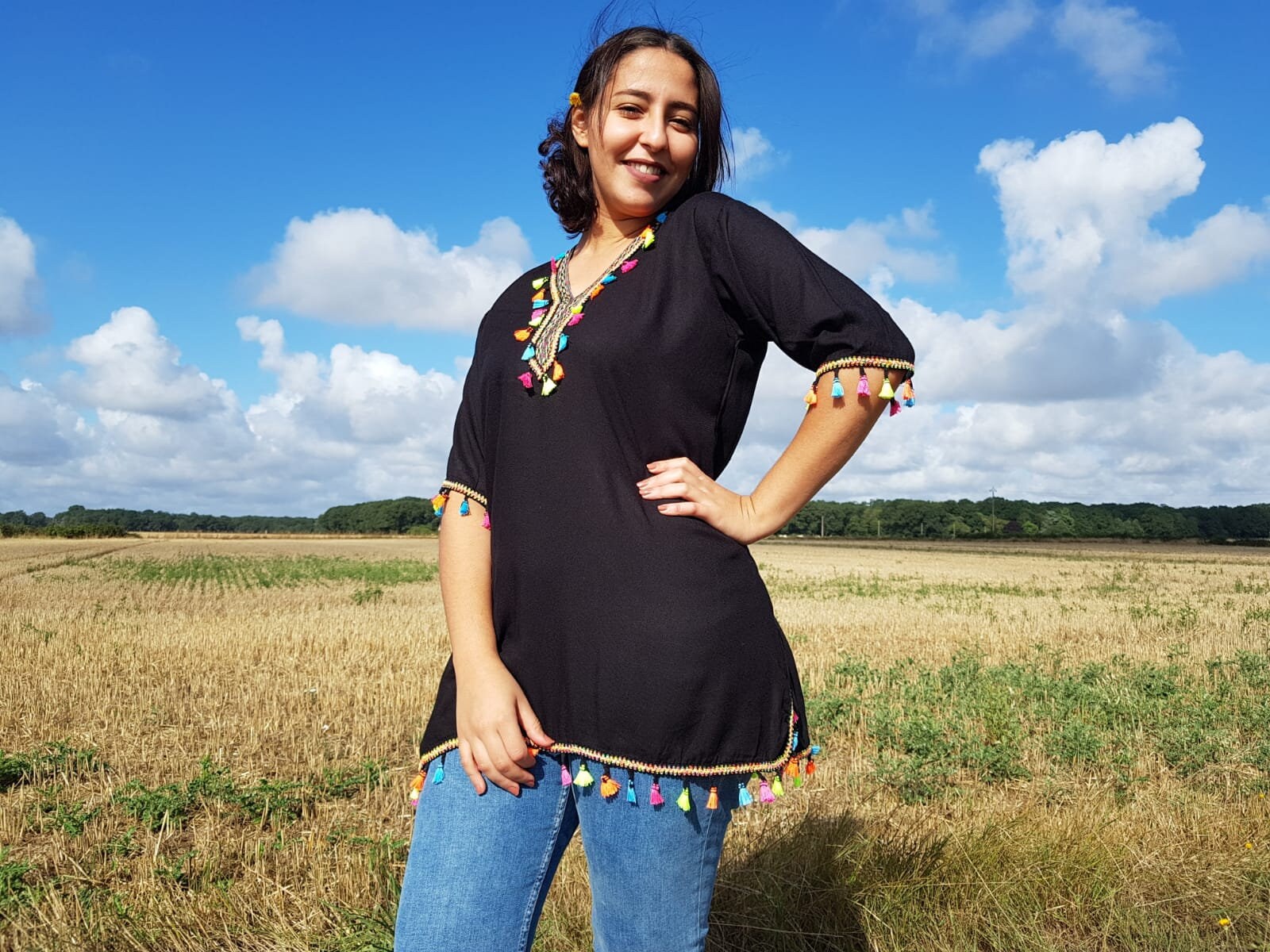 Beautiful moroccan black summer tunic with multicolored fringes