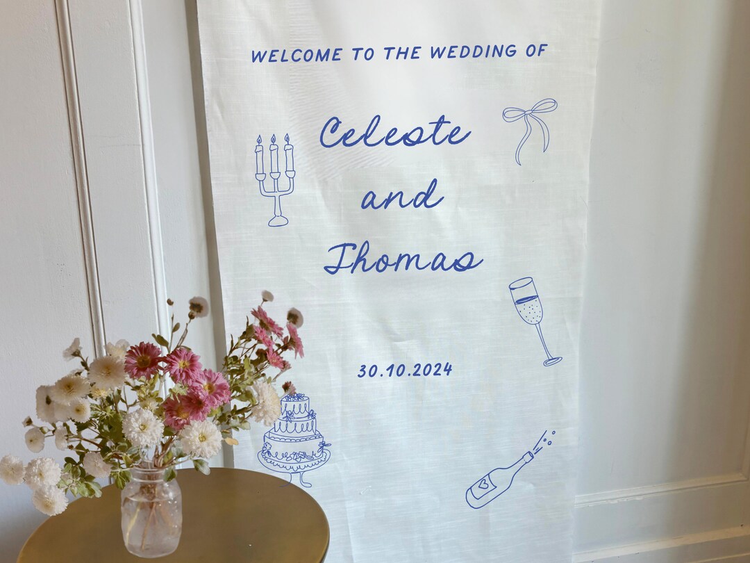 Custom Linen Wedding Welcome Banner | Handwritten Cursive Fabric Sign ...