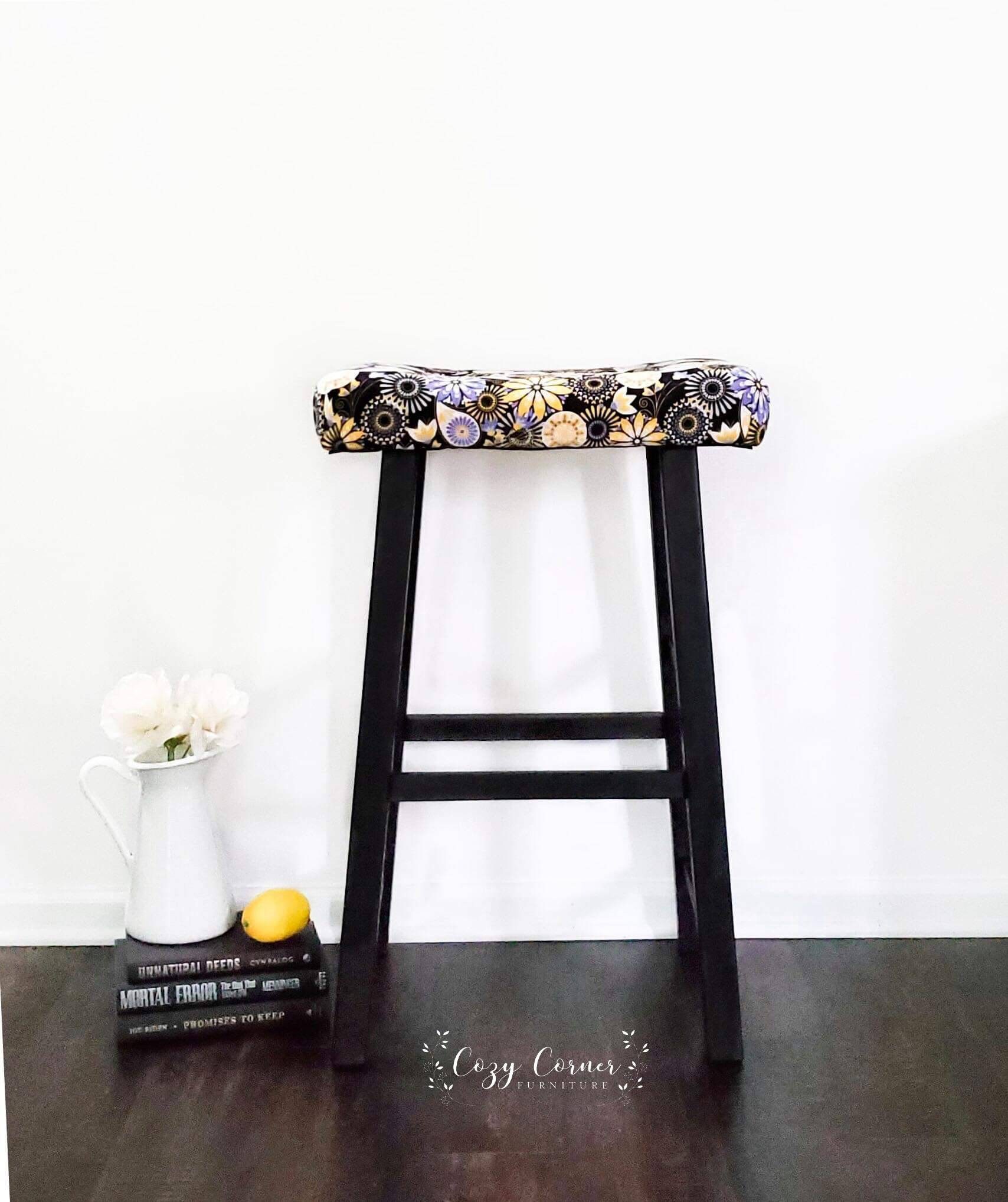 Black Wooden Stool, Black Kitchen Stool, Accent Stool, Black Floral ...