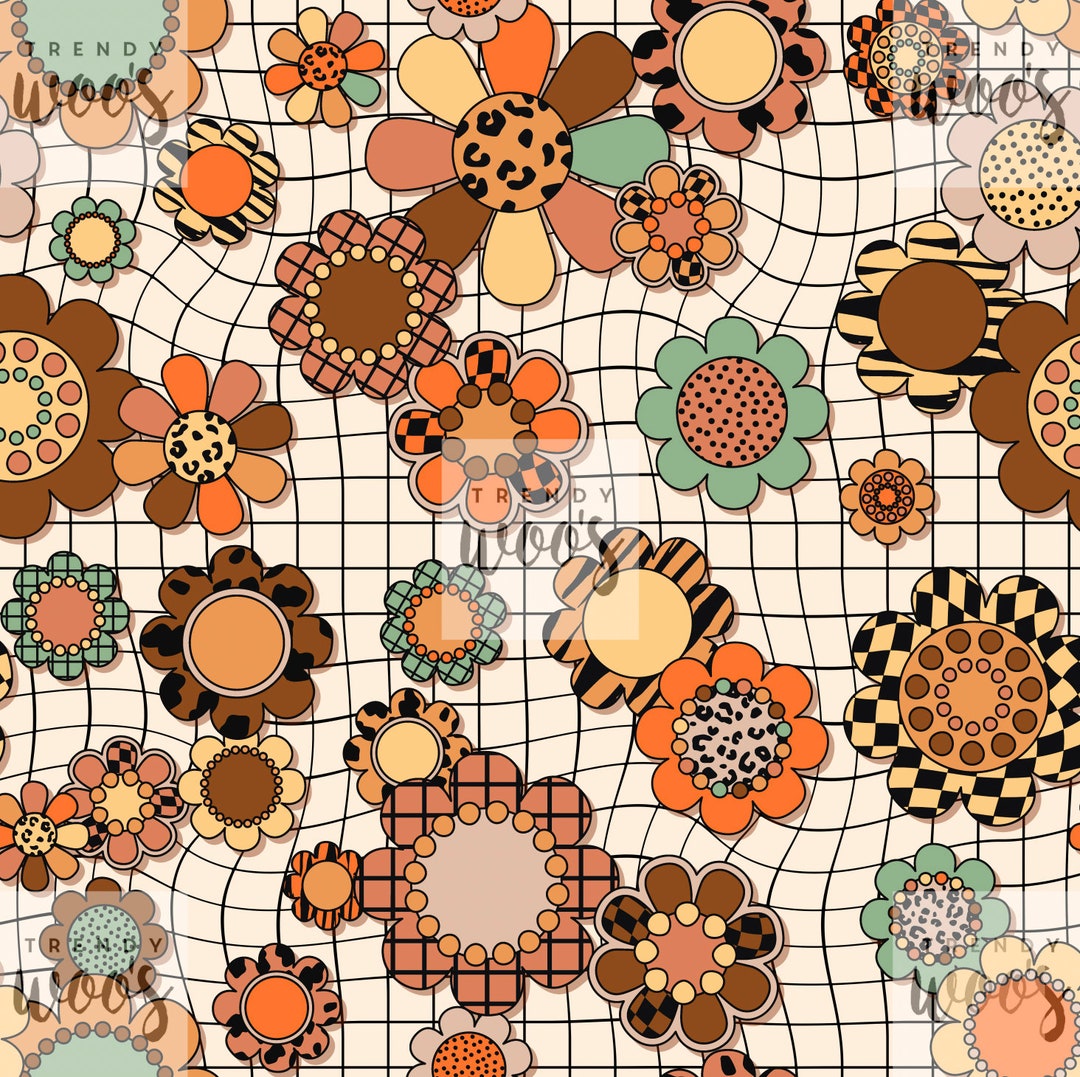 Retro Floral 70s Seventies Flowers Vintage Boho Scandi Muted Geometric ...