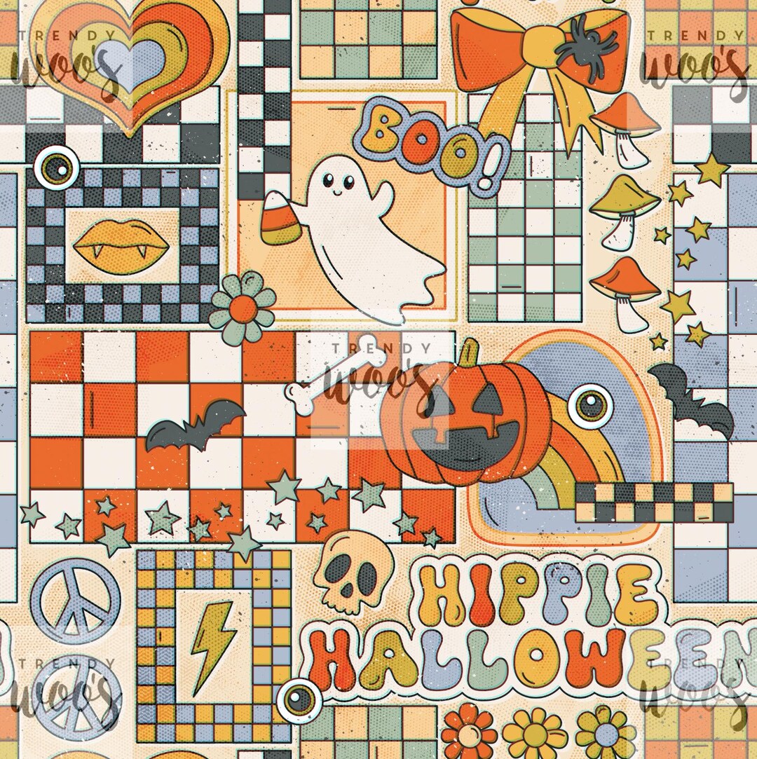 Preppy Retro Halloween Cute Hippie 70s Pumpkin Ghost Seamless Pattern ...