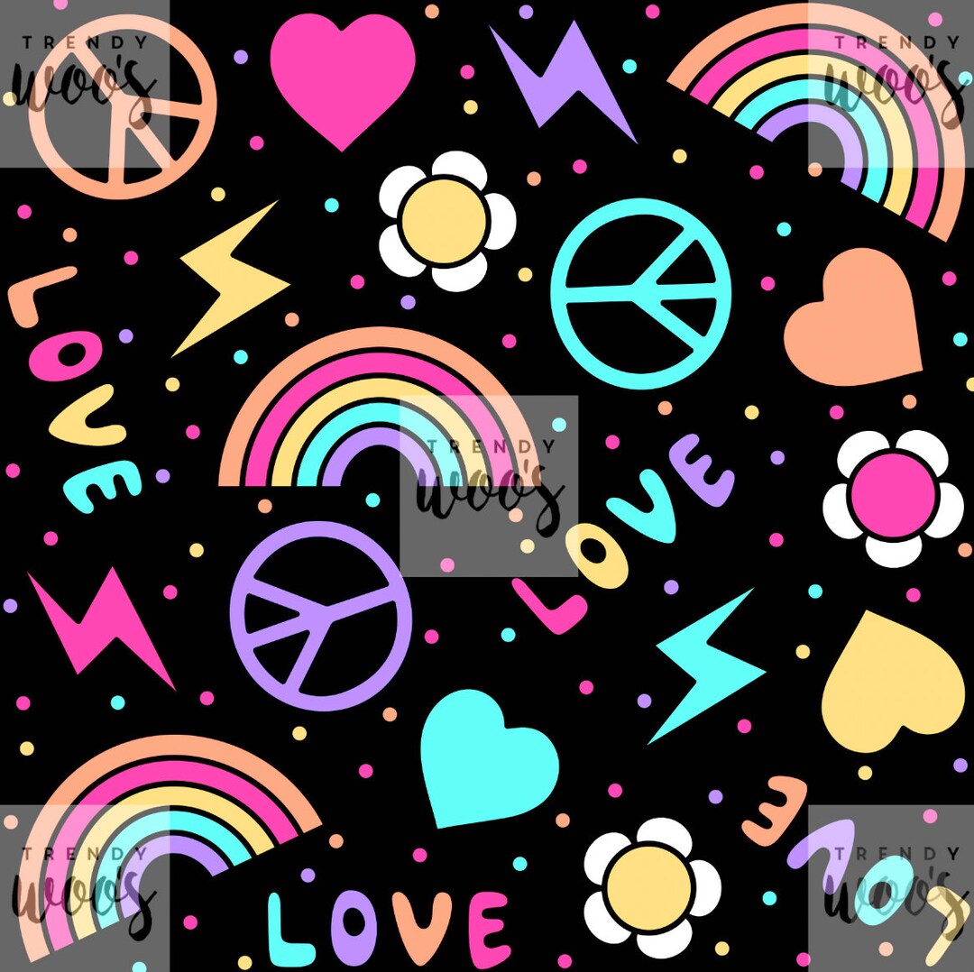 Neon Hippie Icons Rainbow Peace Love Cute Daisy Seamless Pattern ...