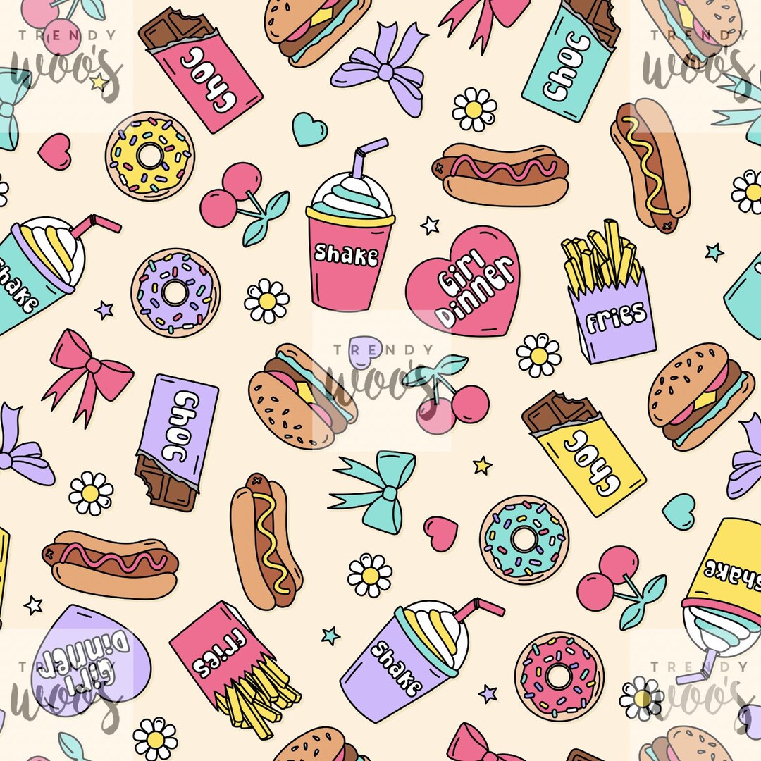 Girl Dinner Fast Food Preppy Bow Teen Fries Donut Hotdog Shake Cherry ...
