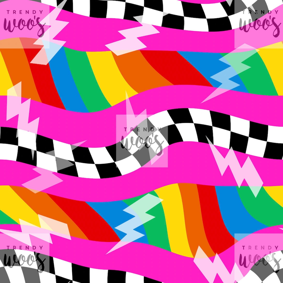Rainbow Checkerboard Retro 90s 00s Lightning Bolts Neon Seamless ...